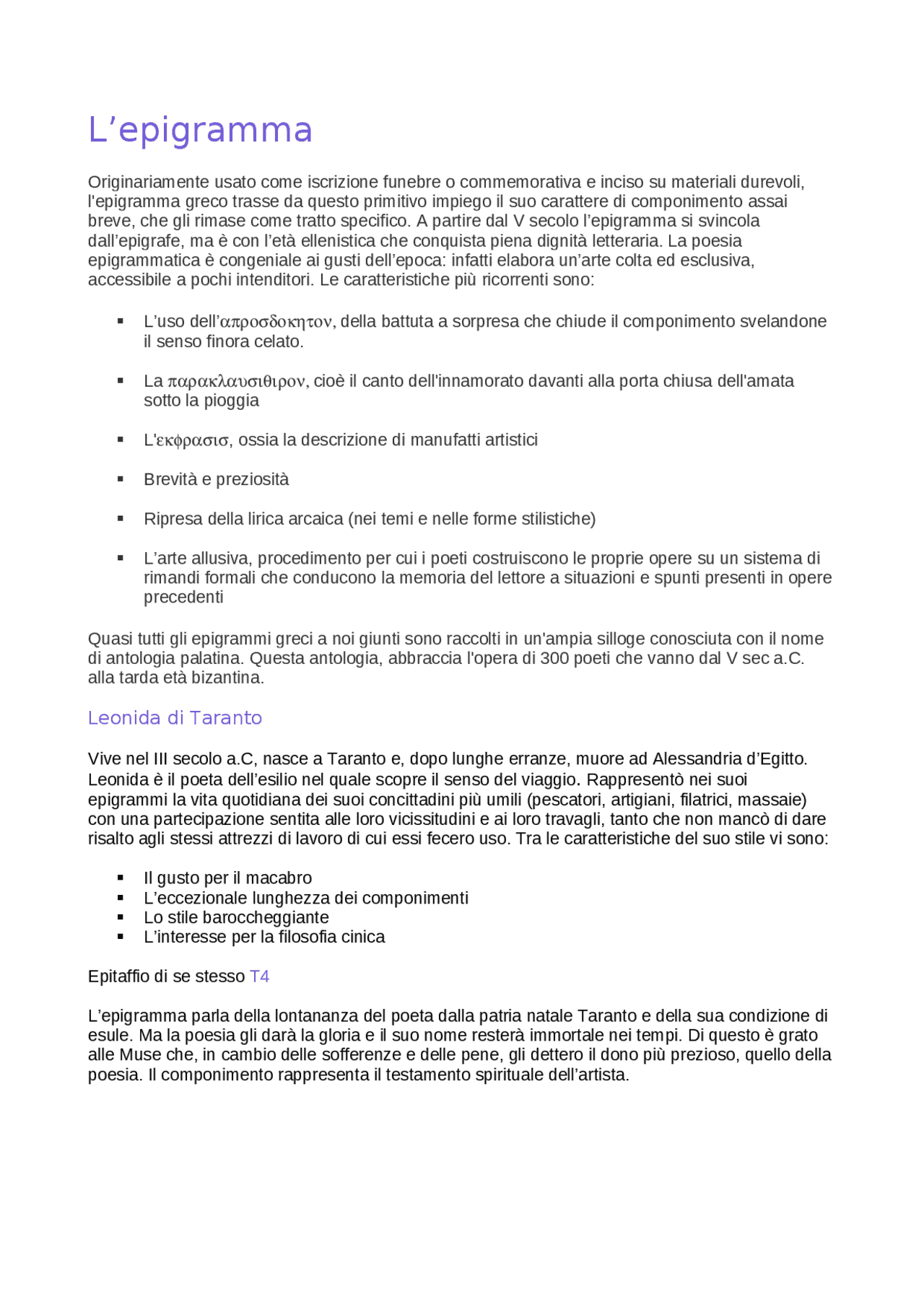 Epigramma appunti letteratura greca | Appunti di Greco | Docsity
