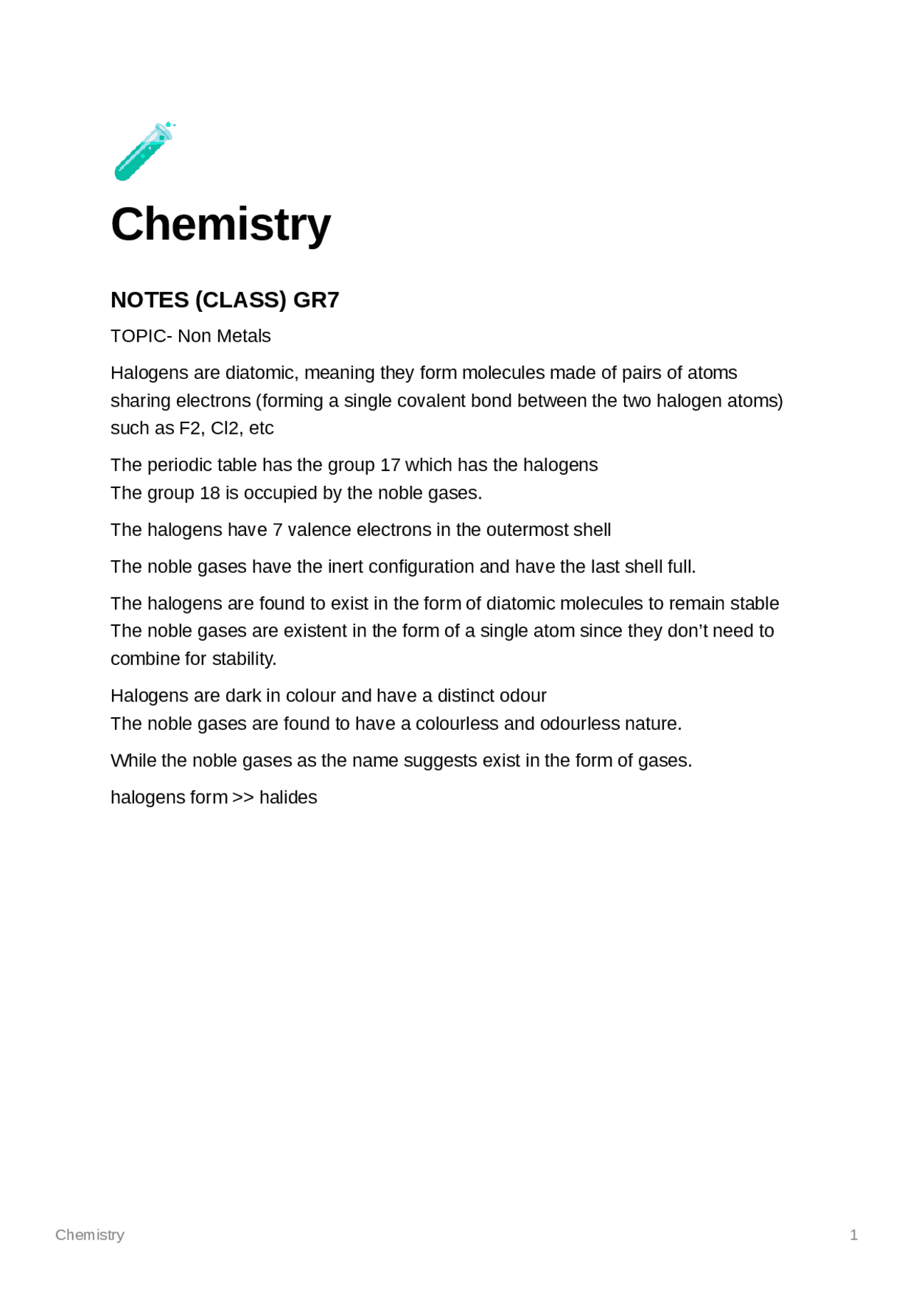 Grade 7, Chem- Non-metals | Lecture notes Chemistry | Docsity