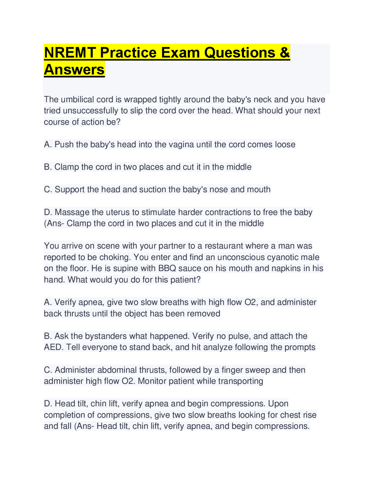 Nremt Practice Exam Questions And Answers Latest Updated A Guide