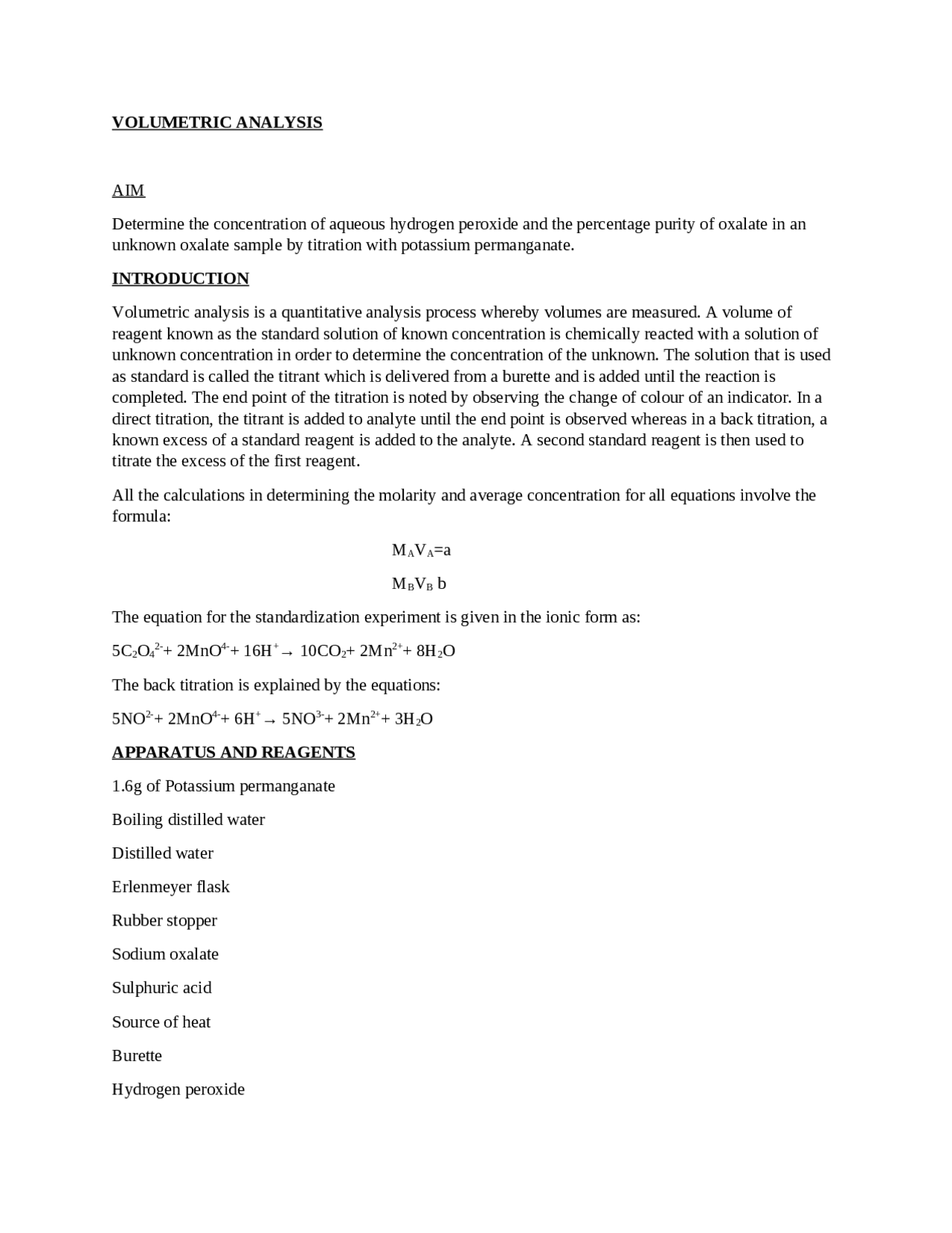 Physical Chemistry Lab Report On Volumetric Analysis Summaries