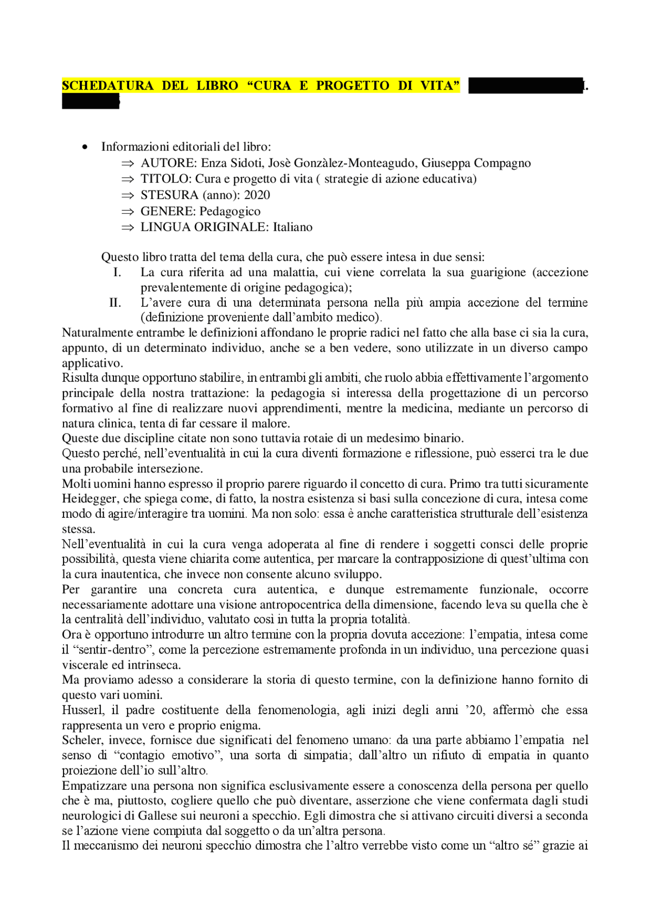Schedatura Libro Cura E Progetto Di Vita Dispense Di Pedagogia Docsity