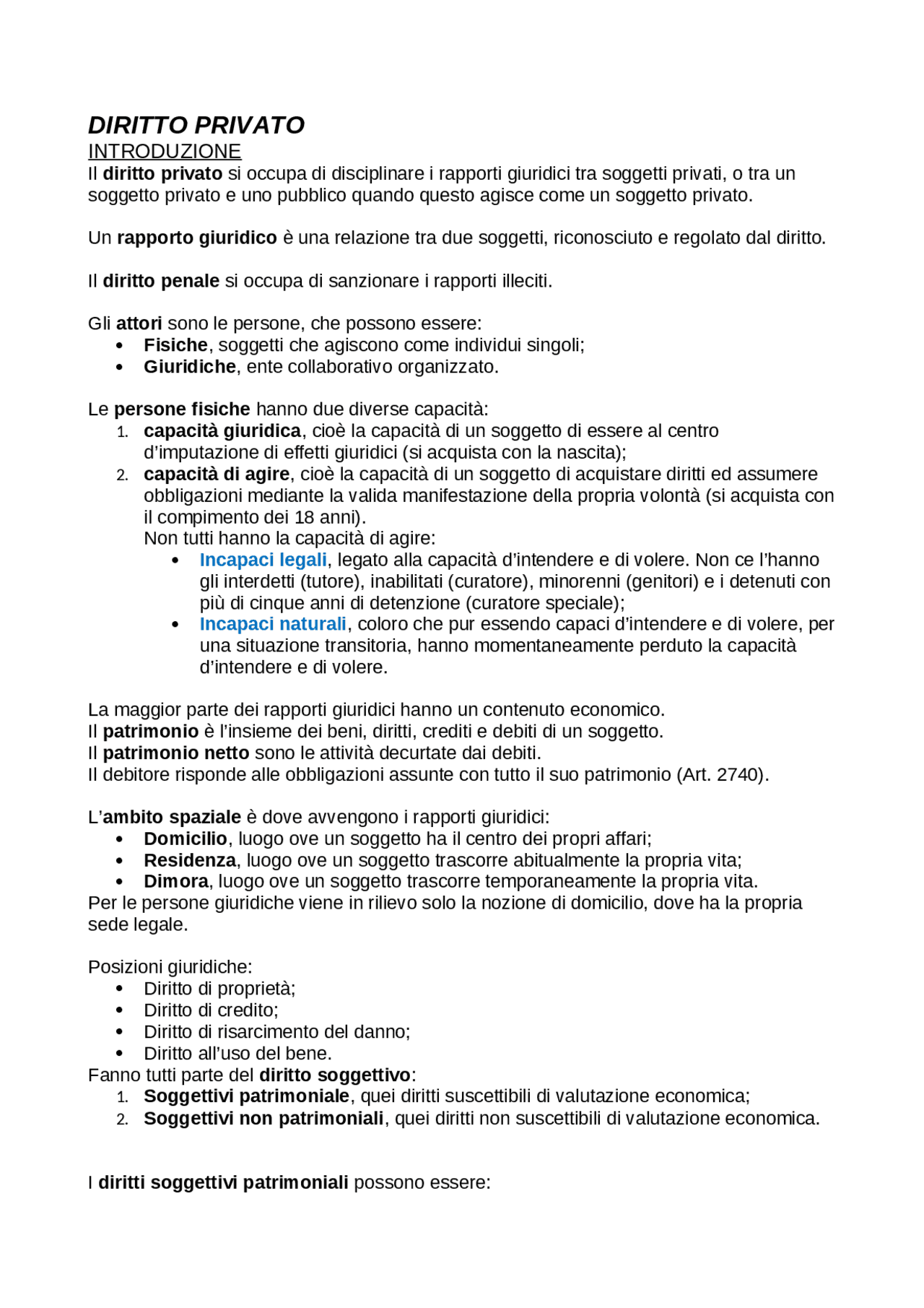 Riassunto Diritto Privato | Schemi e mappe concettuali di Diritto Privato | Docsity