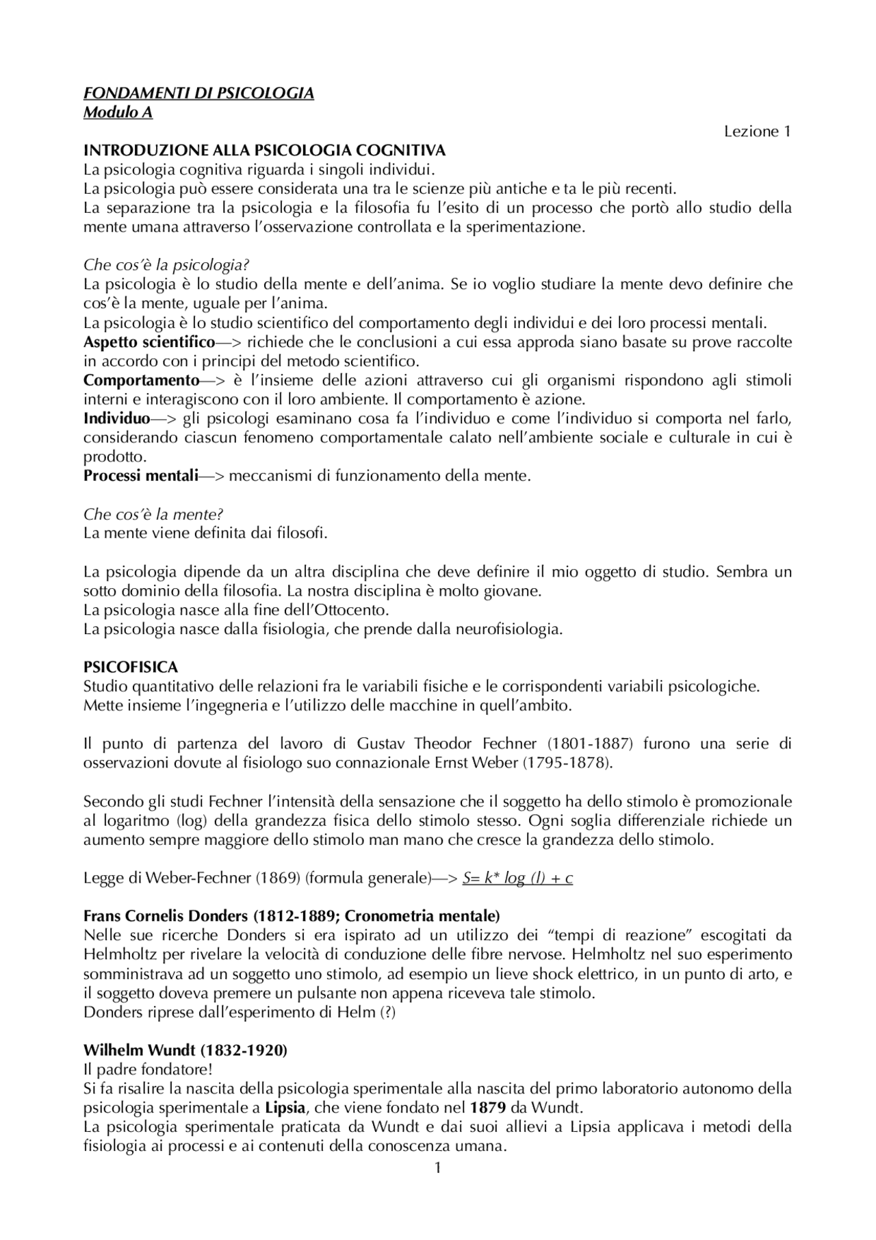 Fondamenti di Psicologia - Modulo A | Appunti di Psicologia Generale | Docsity