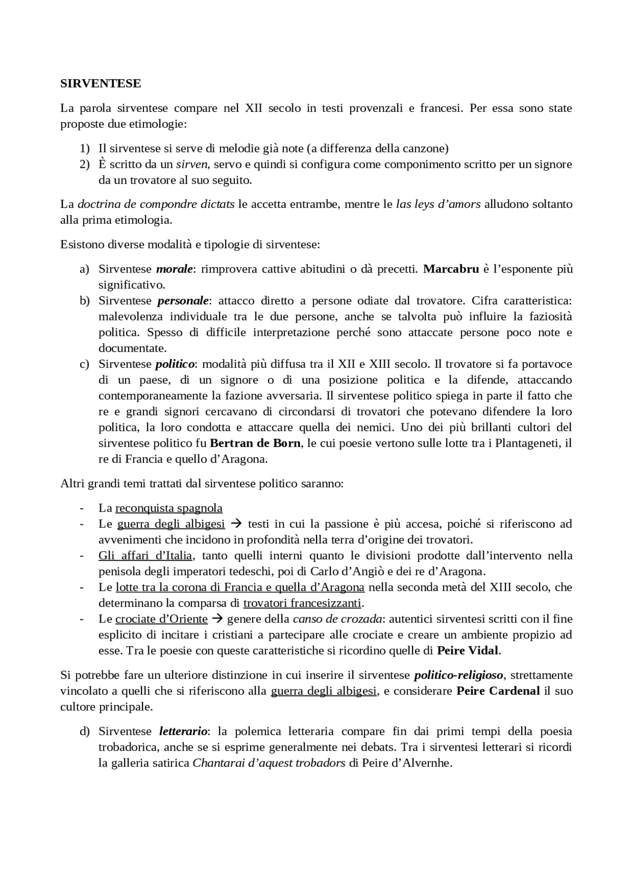 Appunti sul sirventese filologia | Appunti di Filologia romanza | Docsity