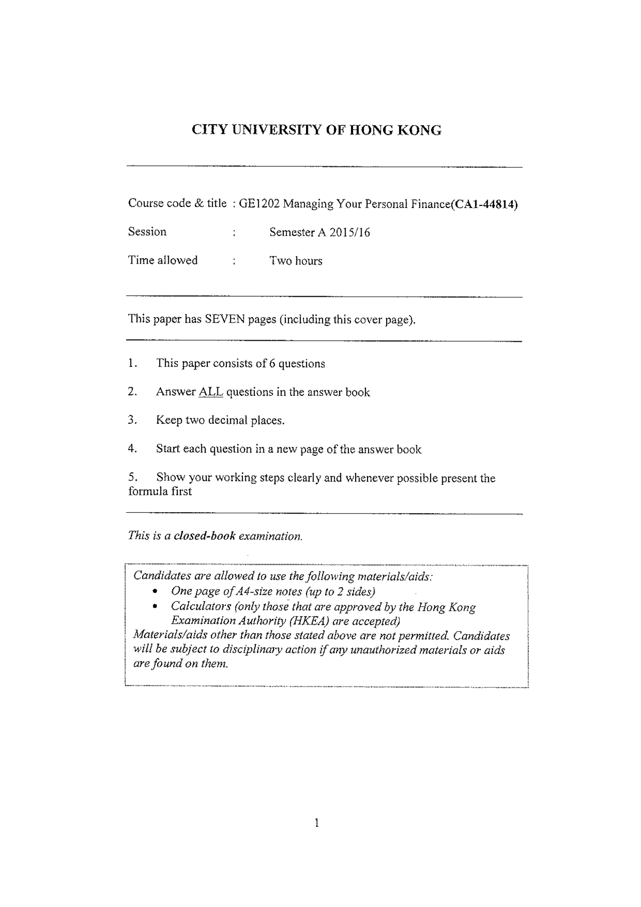 Finance past paper 2015 | Papers Finance | Docsity