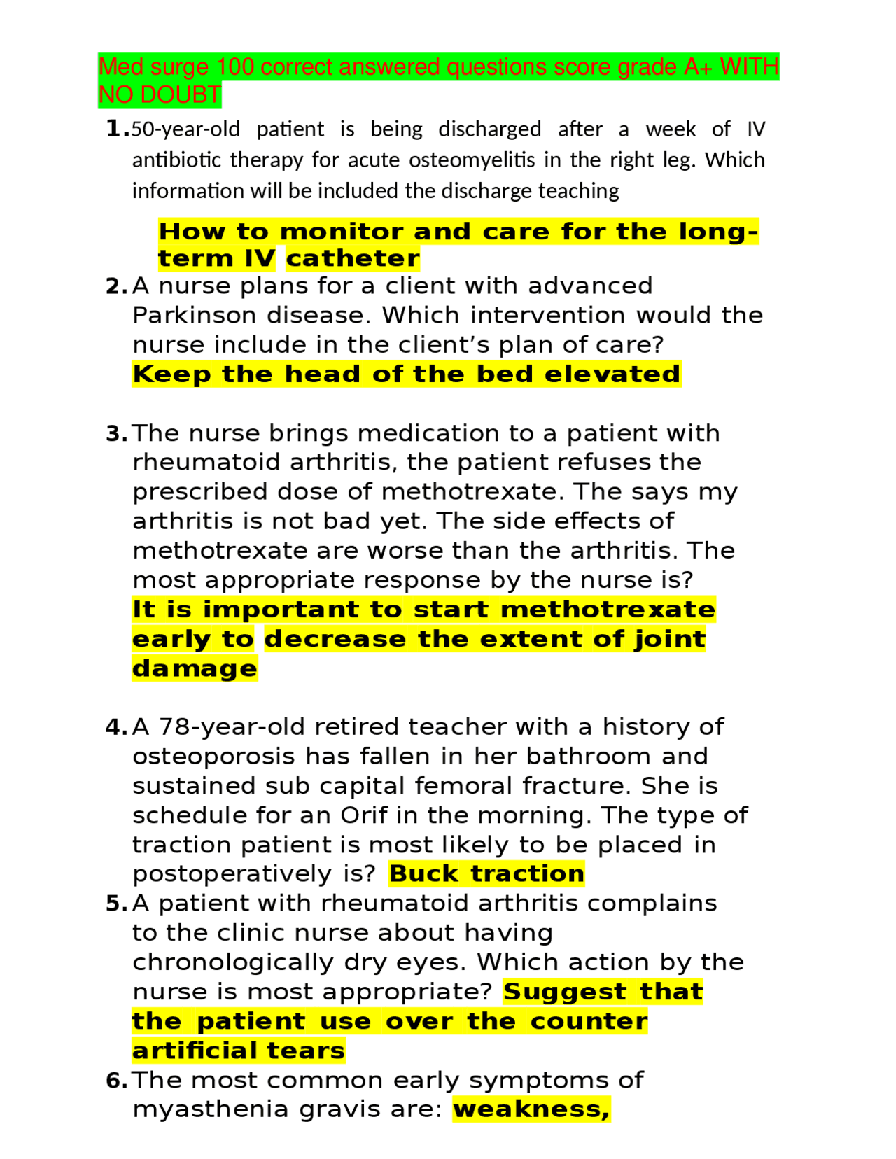 Med surge 100 correct answered questions score grade A+ WITH NO DOUBT ...
