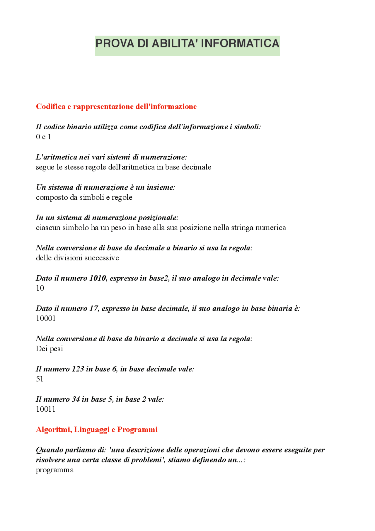 Prova Di Abilità Informatica Panieri Di Reti Informatiche Docsity