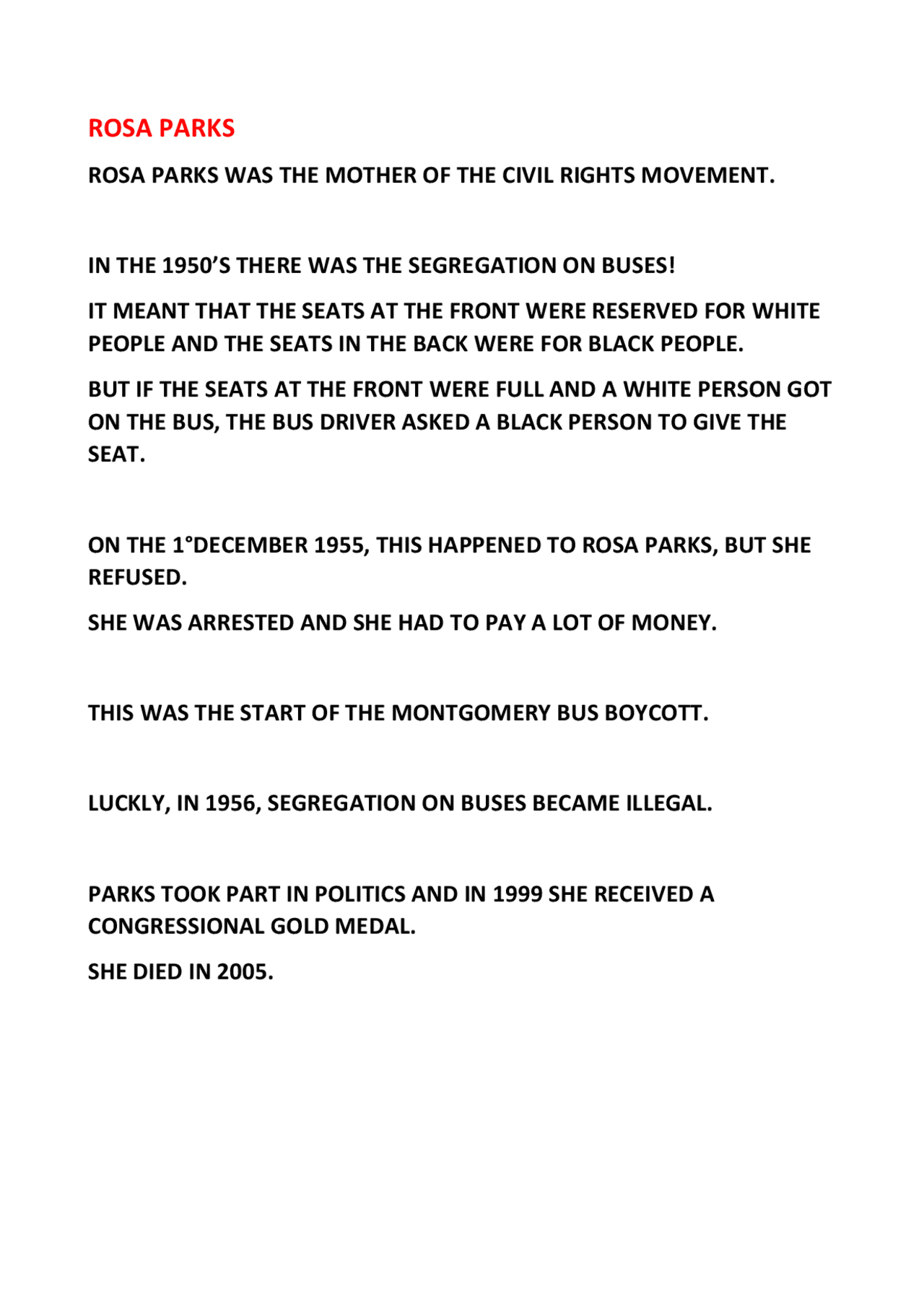 Rosa Parks in inglese | Schemi e mappe concettuali di Inglese | Docsity