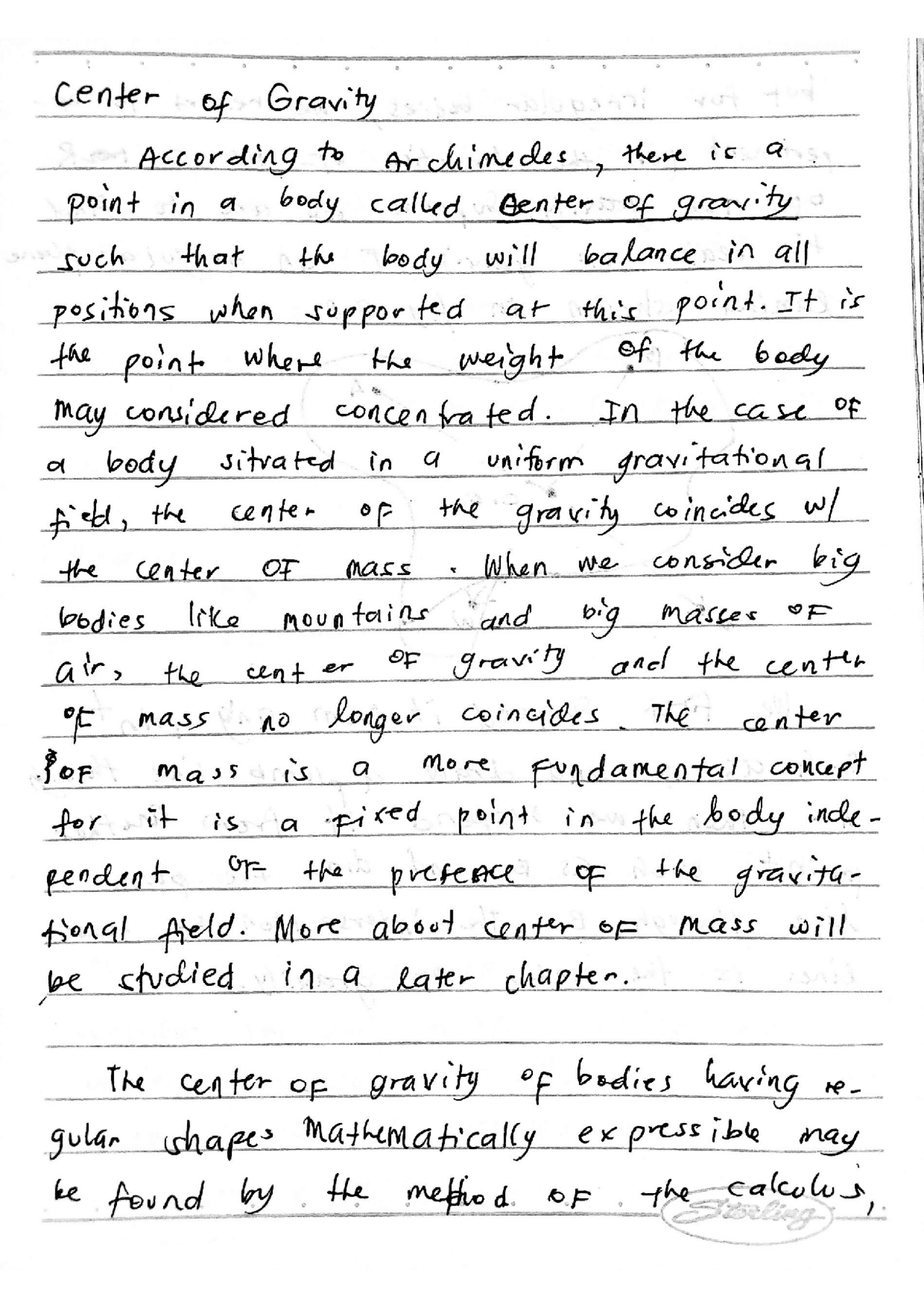 Center of Gravity (study notes) | Study notes Physics | Docsity
