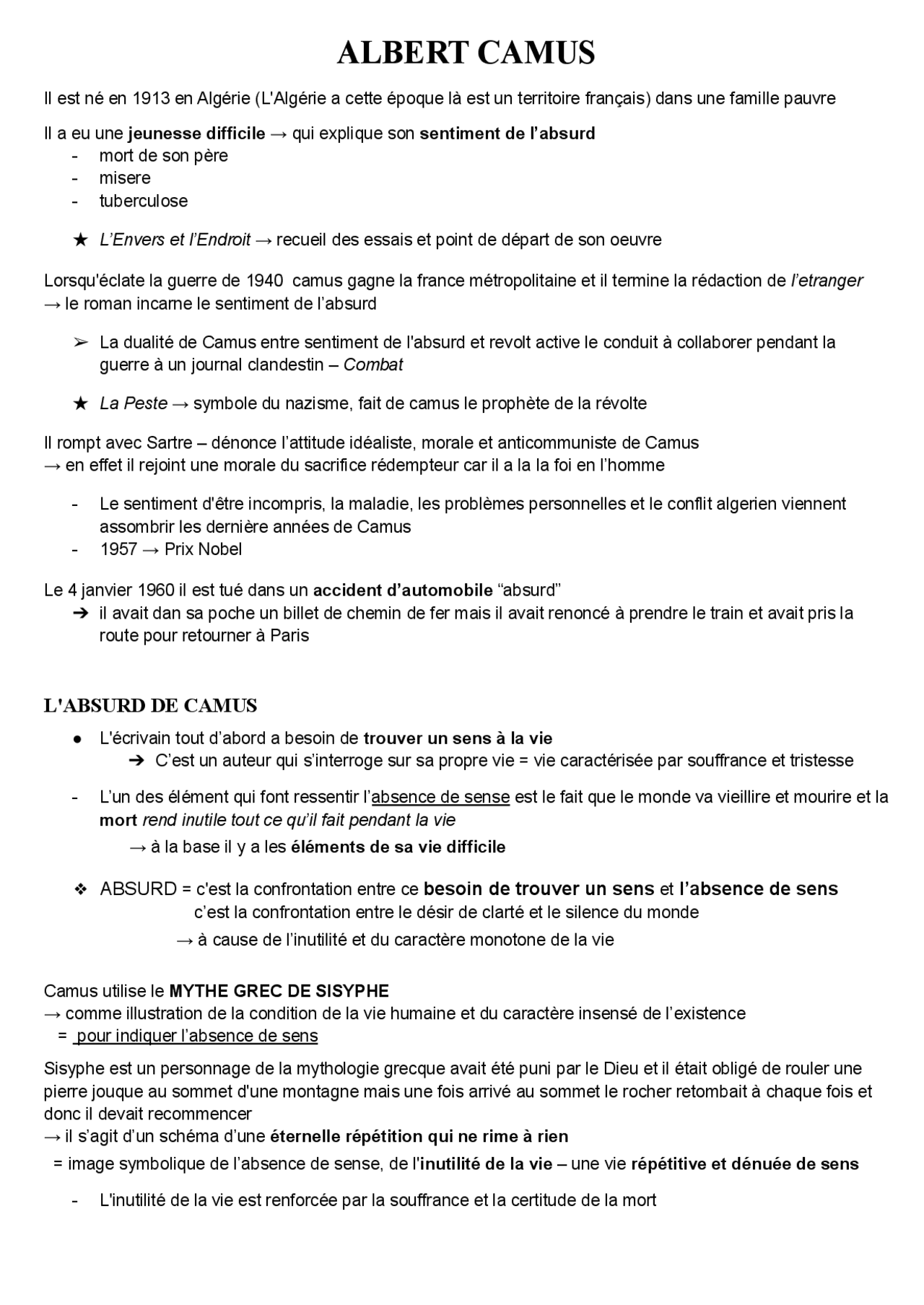 Albert Camus Vie Et Ouvres Appunti Di Francese Docsity