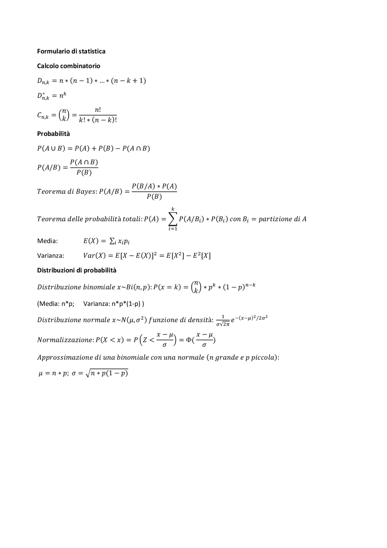 Formulario Mol Animi Statistica Formulari Di Statistica Docsity