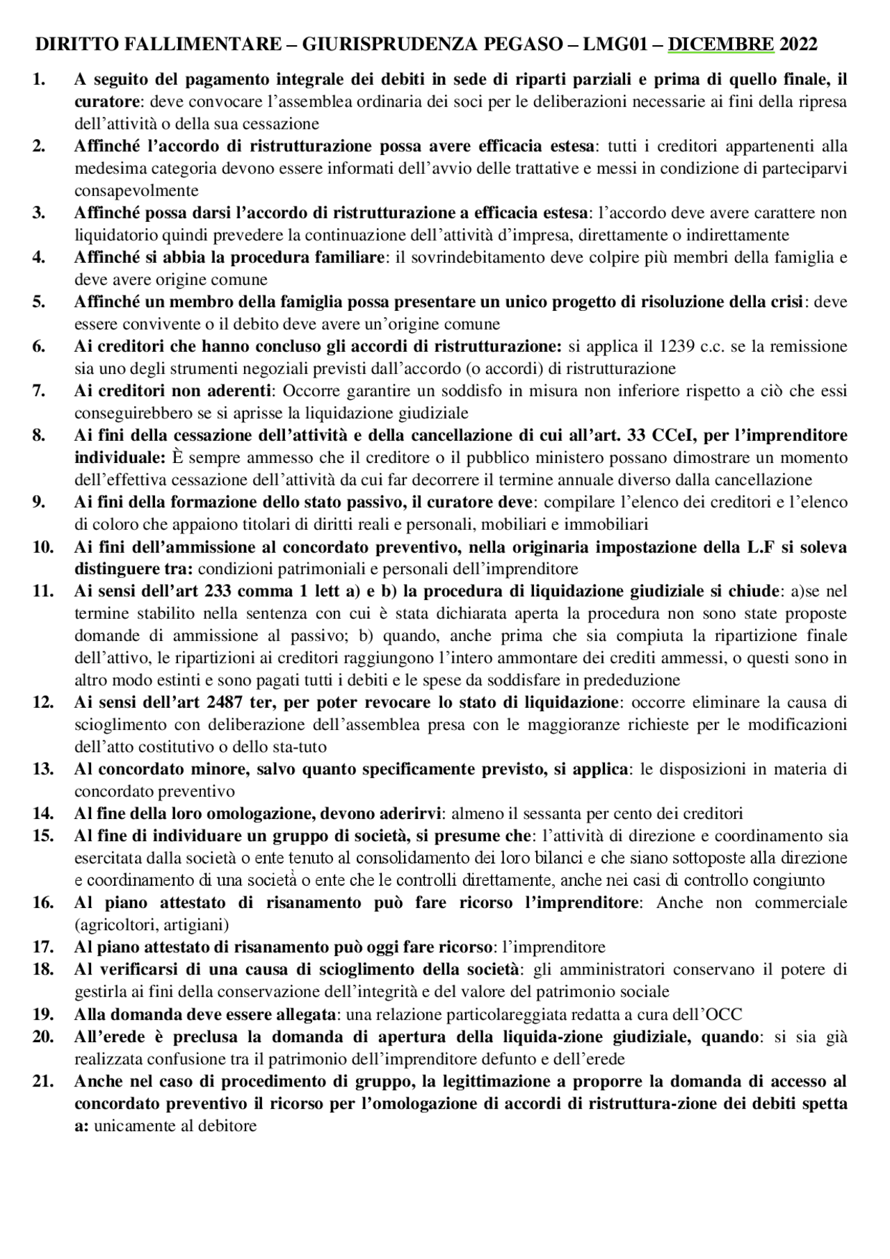 Test Di Autovalutazione Della Materia Diritto Fallimentare Aa 2022
