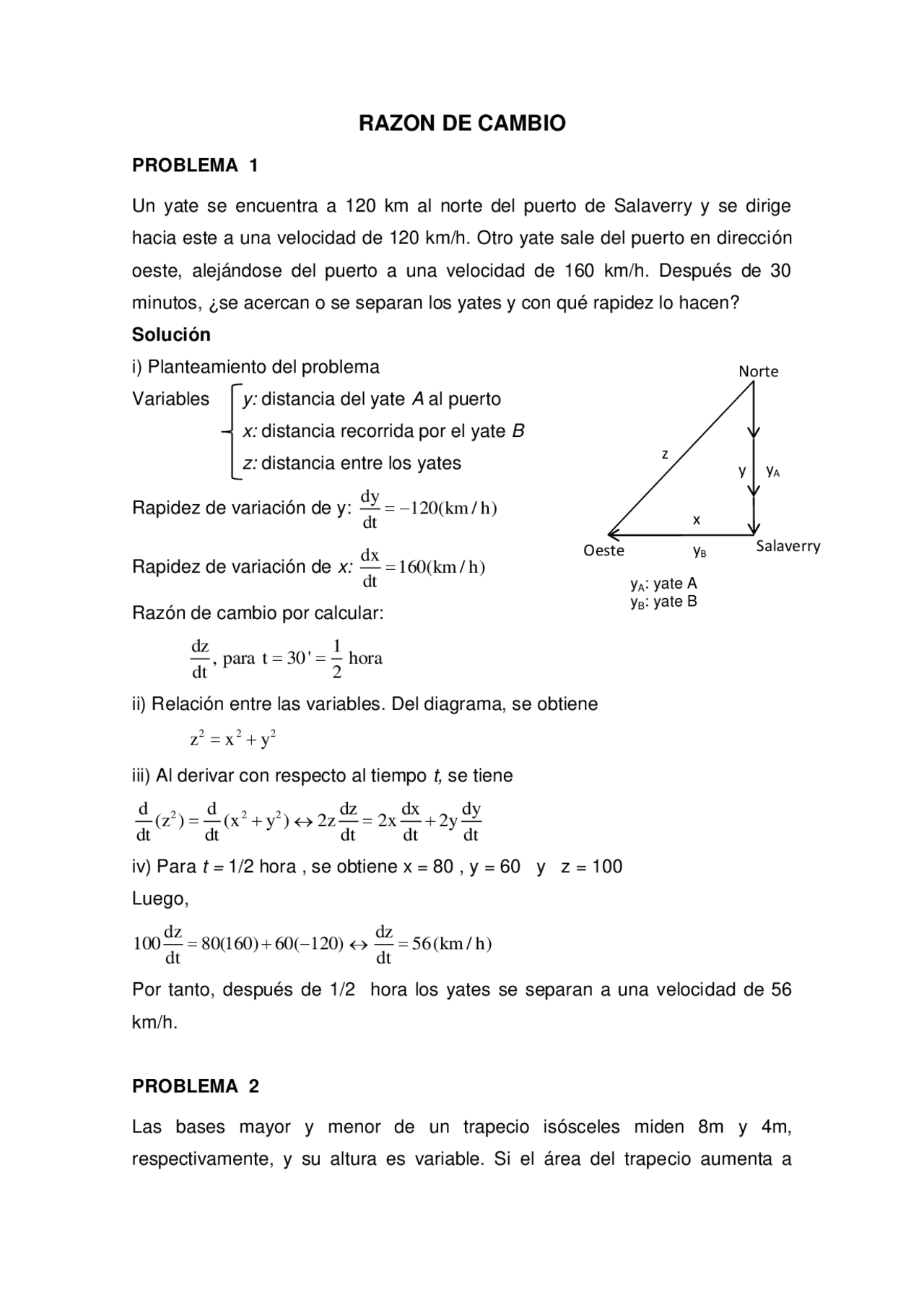 Razón de cambio (derivadas) | Ejercicios de Cálculo diferencial y integral | Docsity