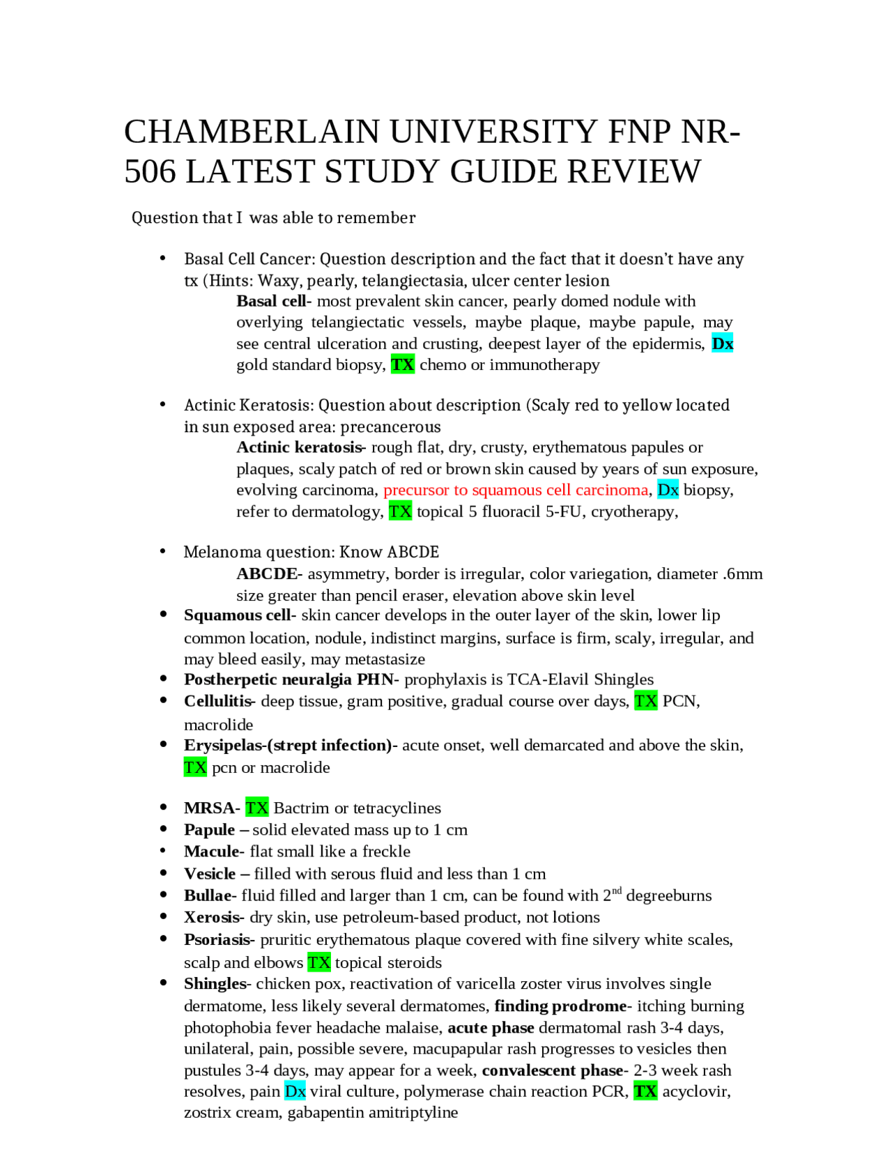 CHAMBERLAIN UNIVERSITY FNP NR-506 LATEST STUDY GUIDE REVIEW | Study ...