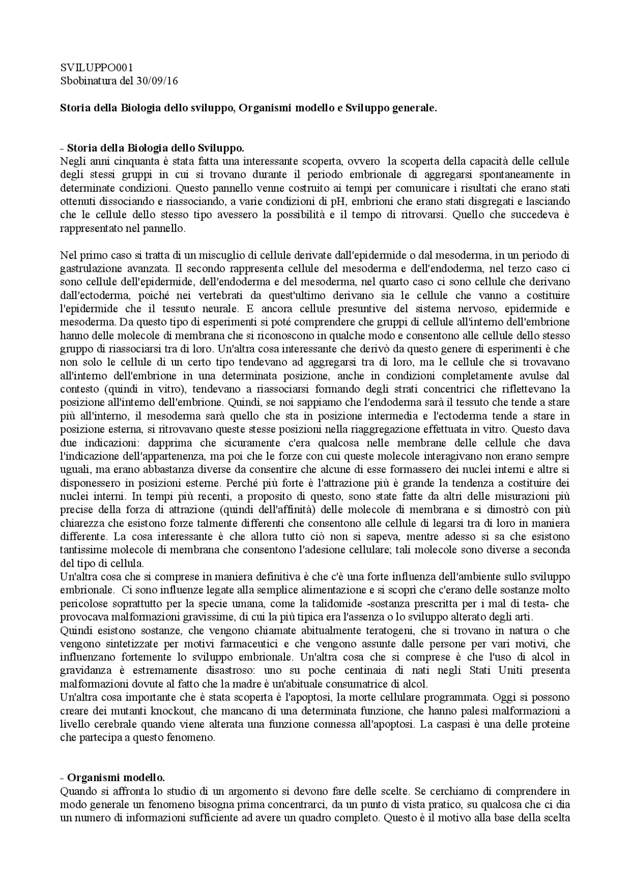 Programma Biologia dello Sviluppo - Parte 1 | Sbobinature di Biologia Dello Sviluppo | Docsity