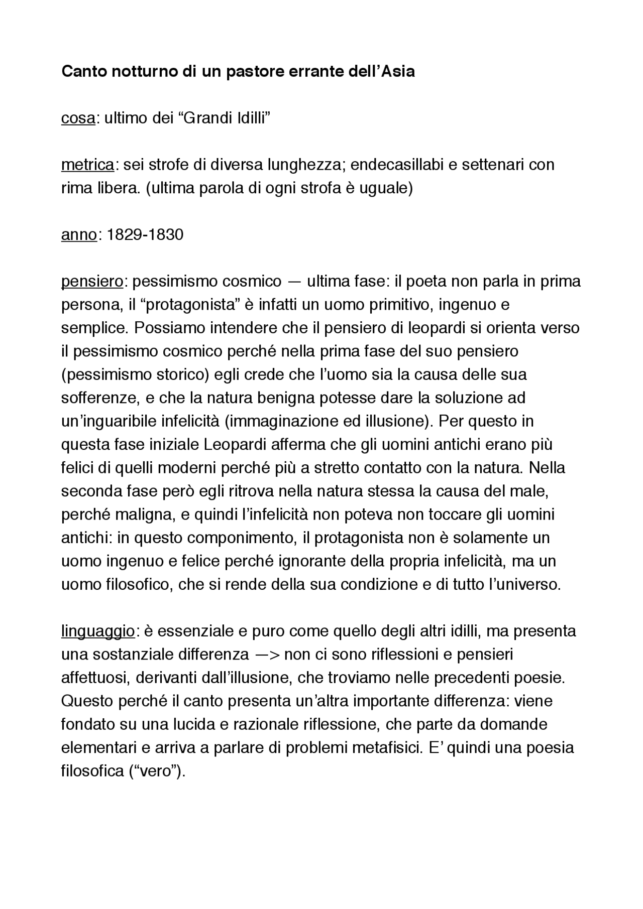 Canto notturno di un pastore errante dell'Asia - analisi | Appunti di Italiano | Docsity