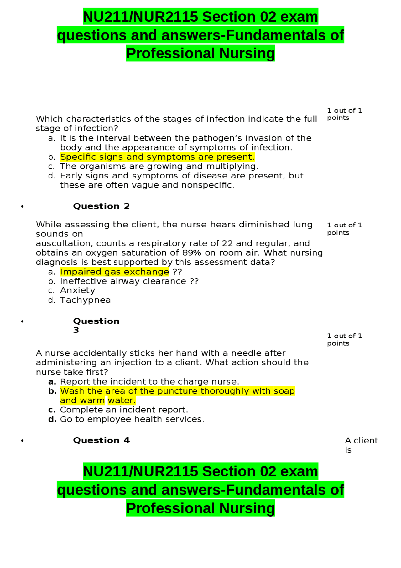 Nu211nur2115 Section 02 Exam Questions And Answers Fundamentals Of