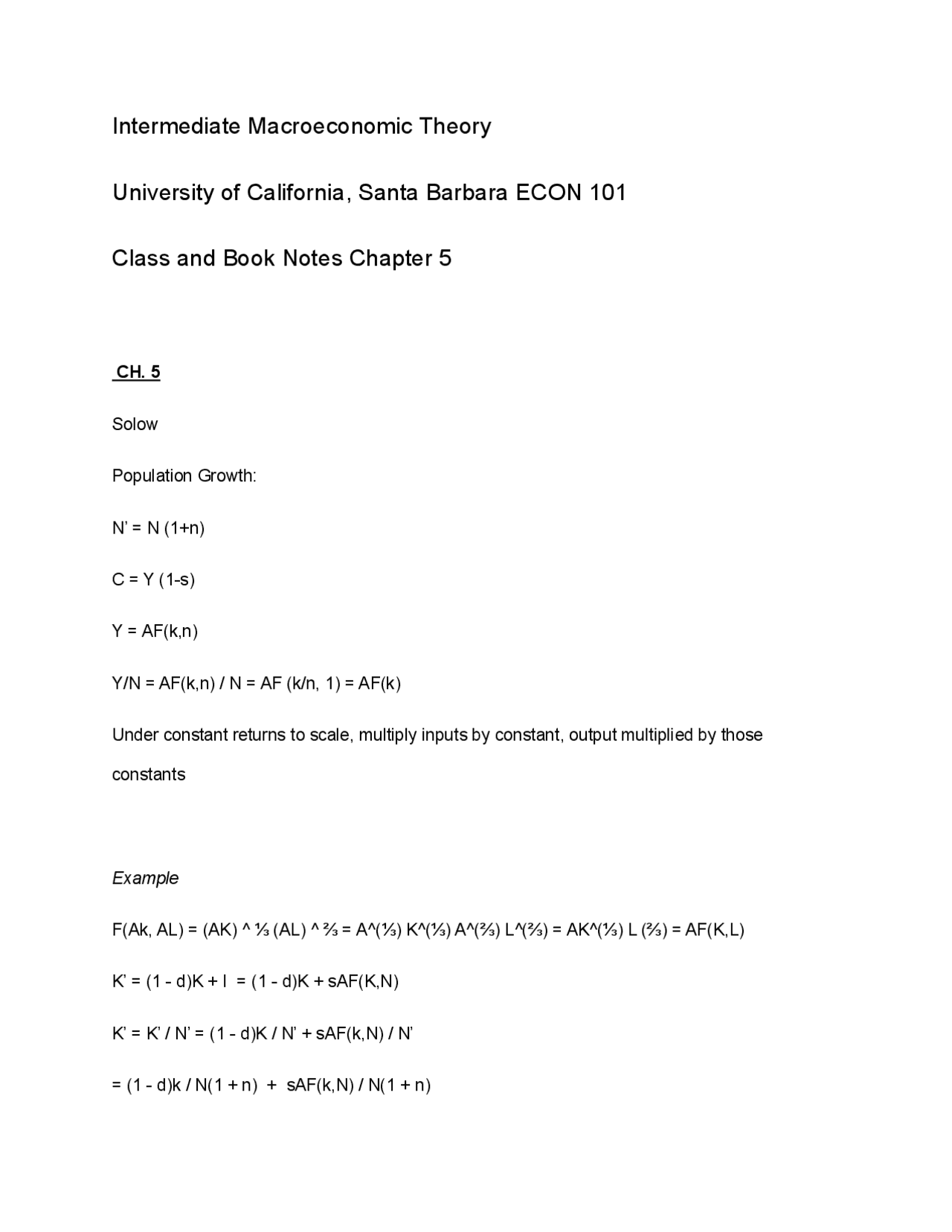 Ucsb Econ 101 Intermediate Macroeconomic Theory Chapter 5 Class Notes