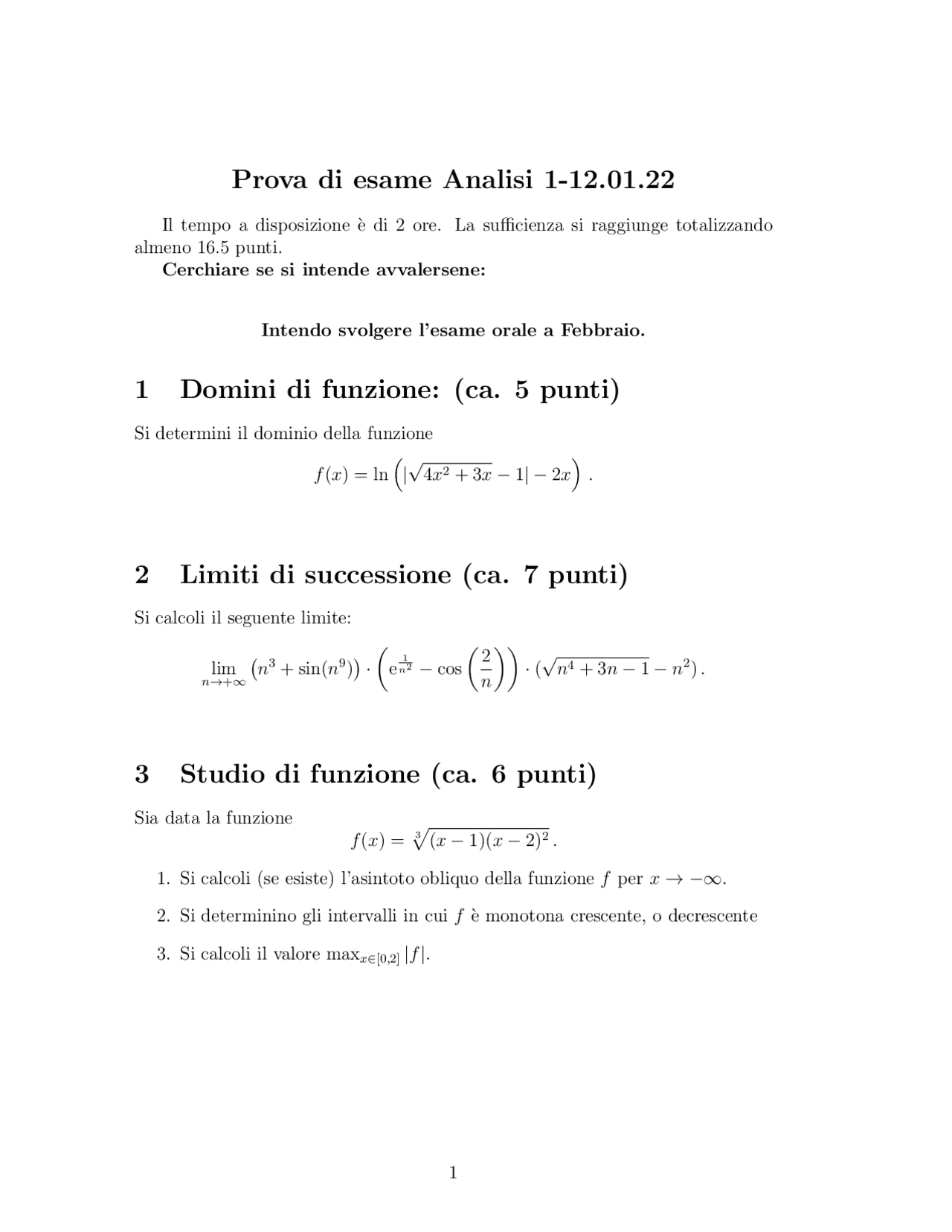Esame scritto analisi 1- Laurea magistrale in Ingegneria | Prove d'esame di Analisi Matematica I ...