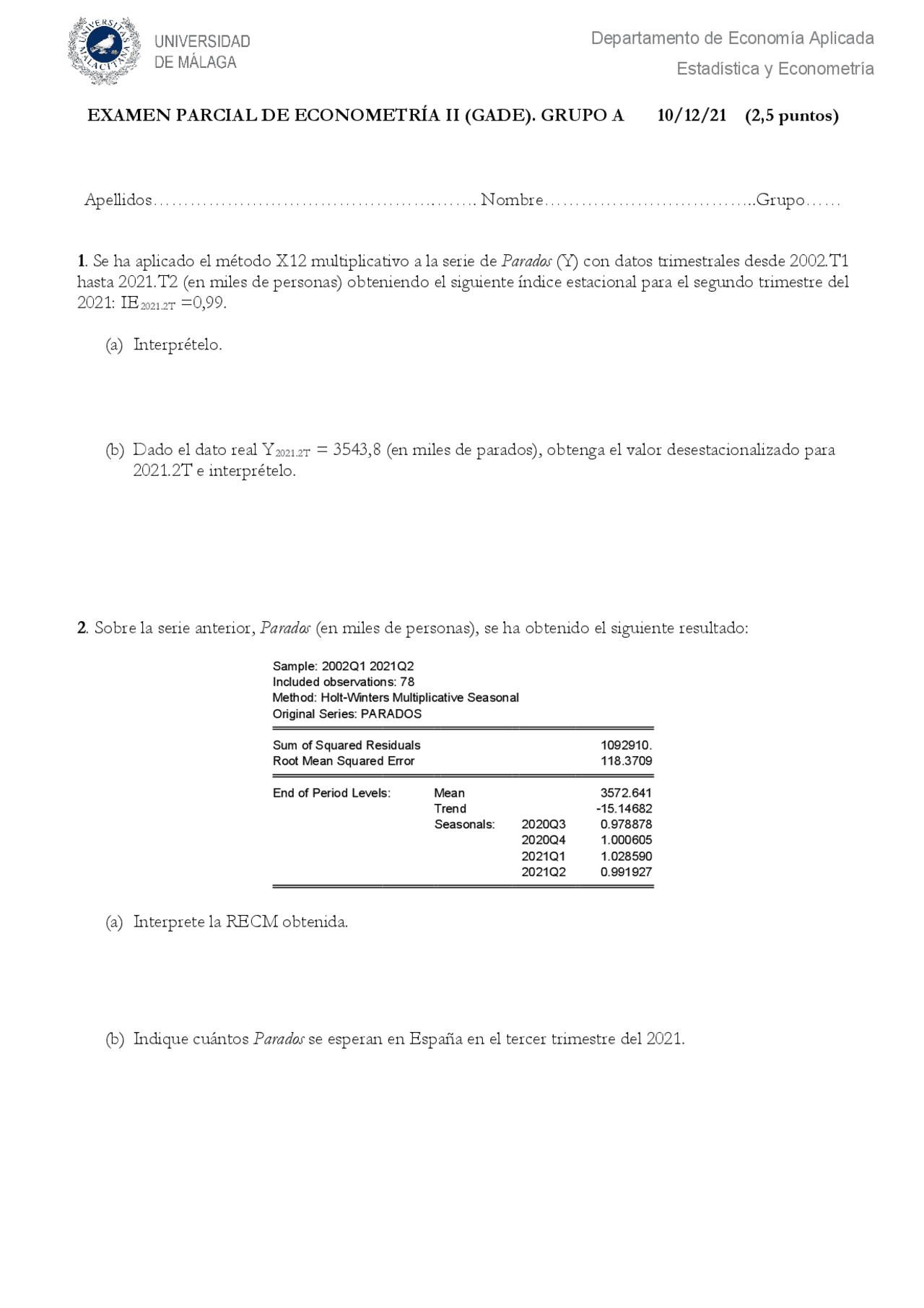 Examen parcial 2021 econometría II | Exámenes de Econometría | Docsity