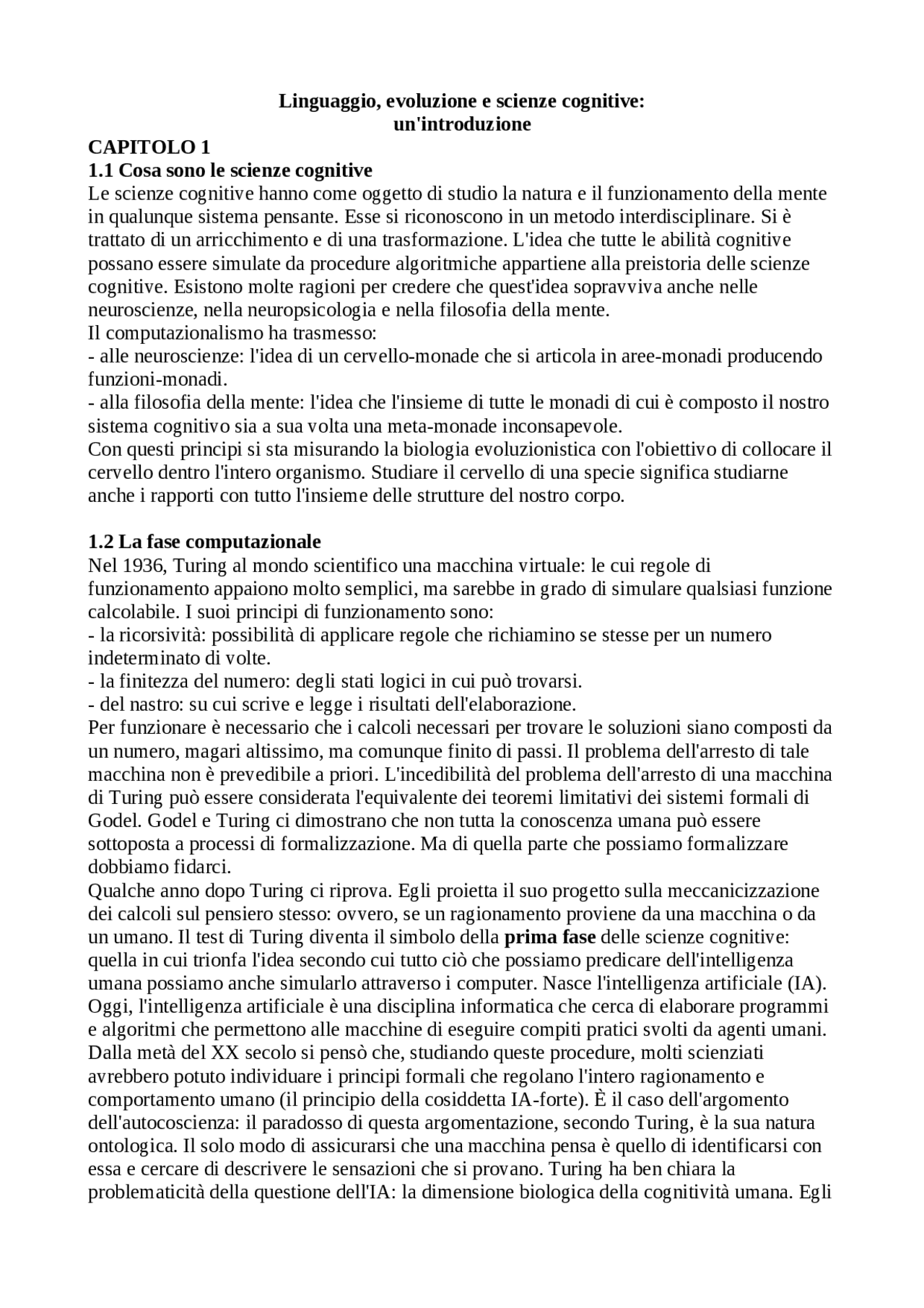 Linguaggio Evoluzione E Scienze Cognitive Sintesi Del Corso Di