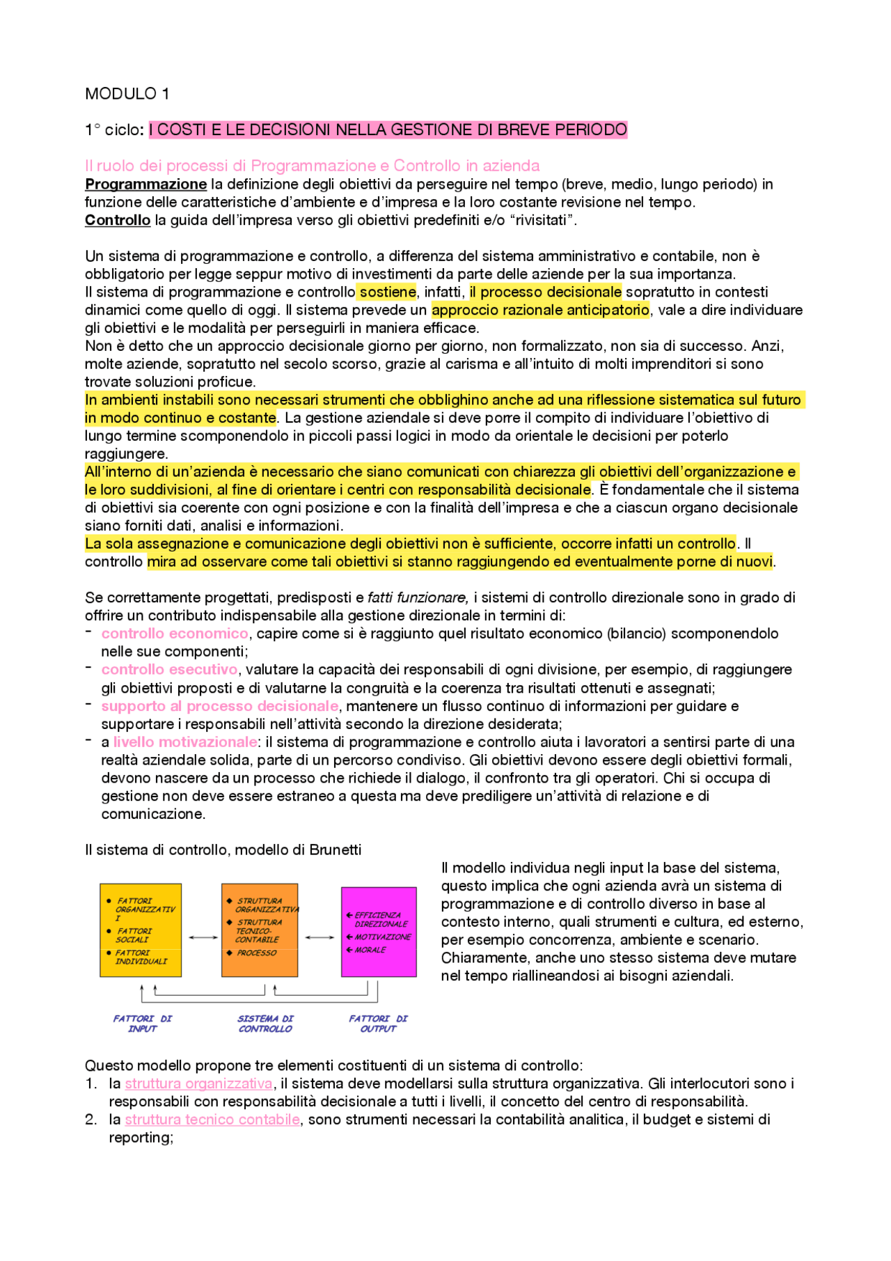 Programmazione e Controllo - 1° parziale | Appunti di Programmazione e controllo | Docsity