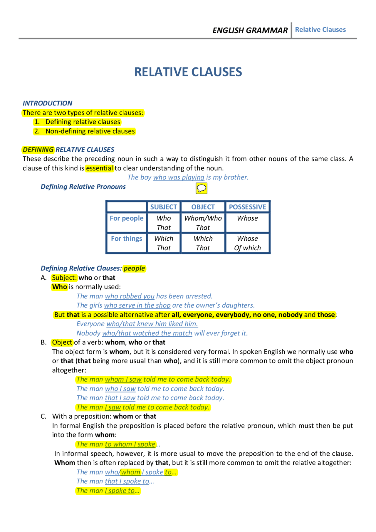 Relative Clauses defining and non-defining | Slide di Lingua Inglese ...