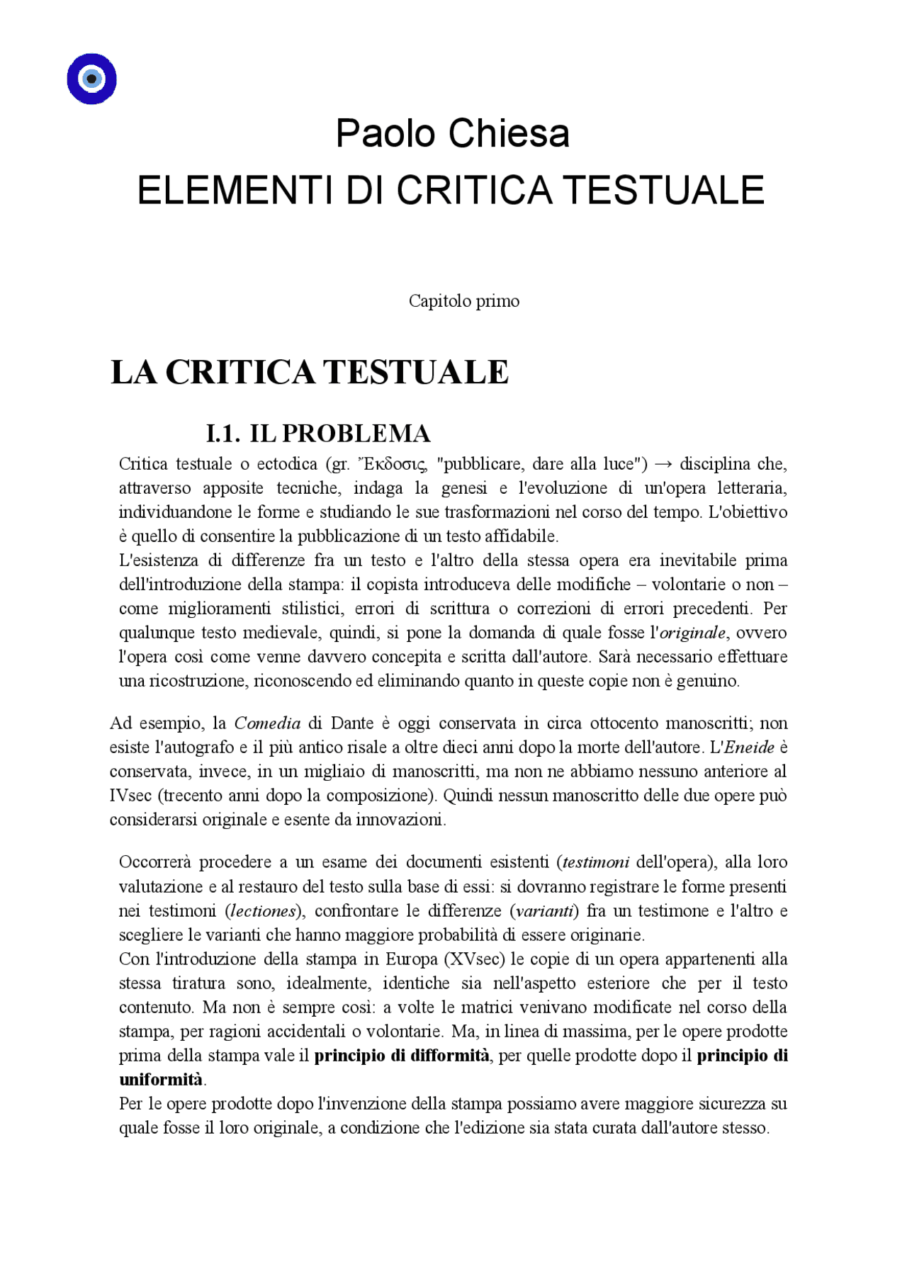 Paolo Chiesa Elemento Di Critica Testuale Schemi E Mappe Concettuali