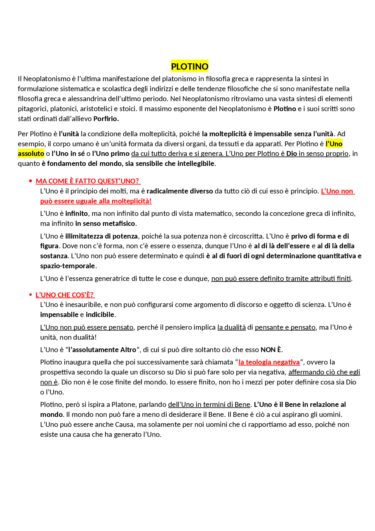 Plotino e il Neoplatonismo, l'Uno, l'emanazione, le ipostasi | Appunti di Filosofia | Docsity