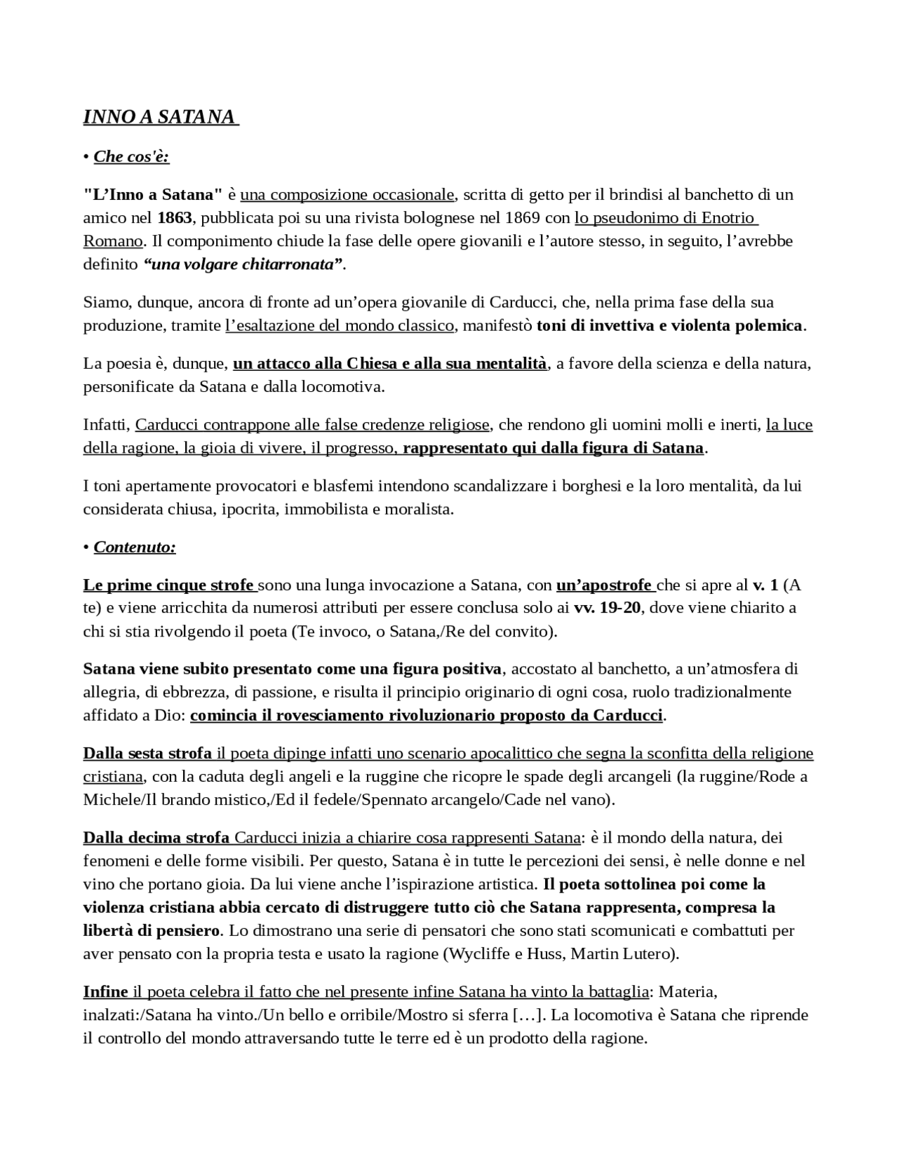 Inno a satana: Carducci. Analisi completa | Appunti di Italiano | Docsity