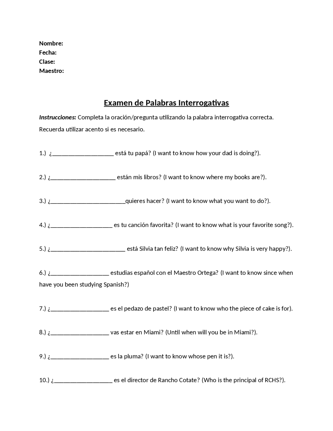 Palabras Interrogativas | Exercises Spanish Language | Docsity