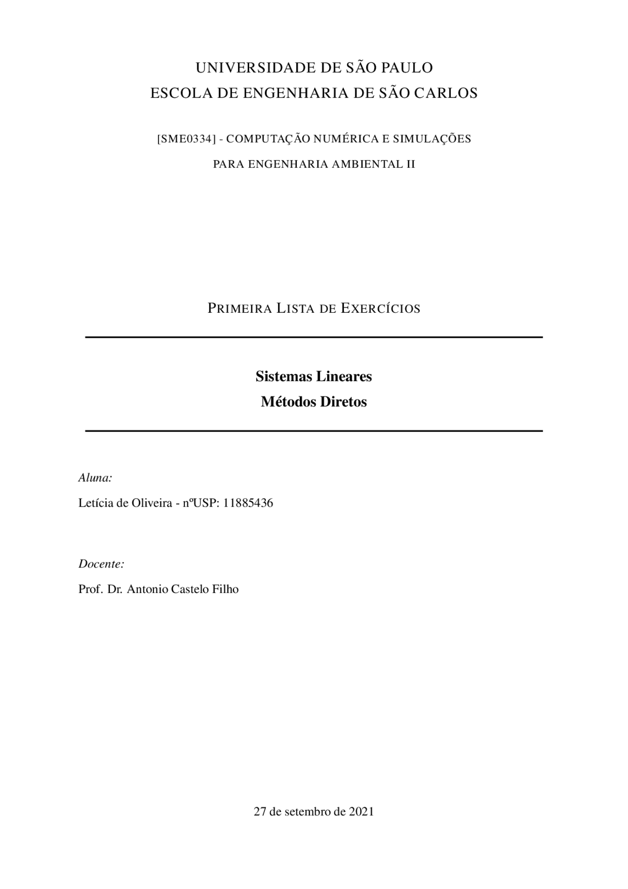 Sistemas Lineares Métodos Diretos Exercícios Cálculo Numérico Docsity