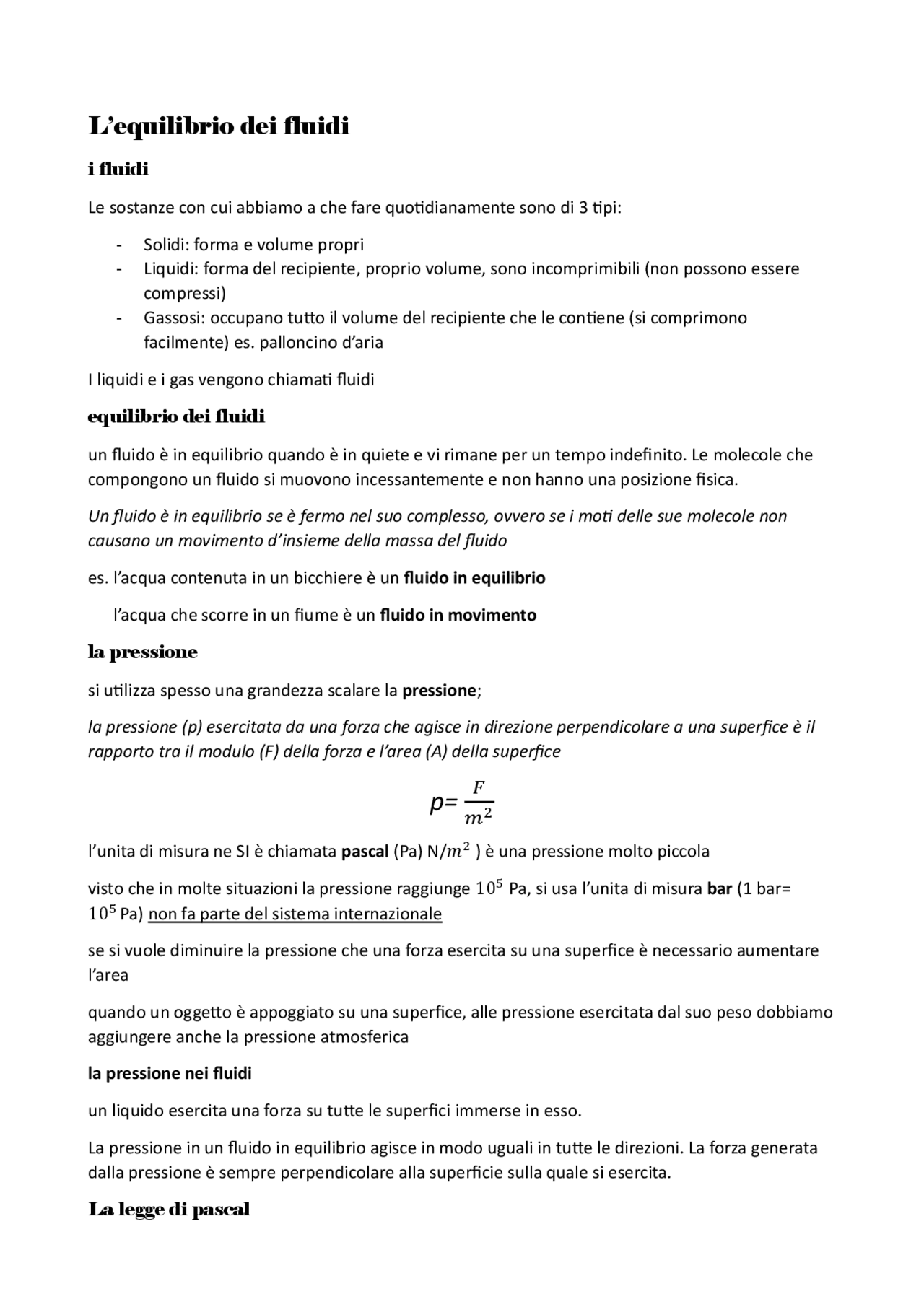 Equilibrio Dei Fluido Schemi E Mappe Concettuali Di Fisica Docsity