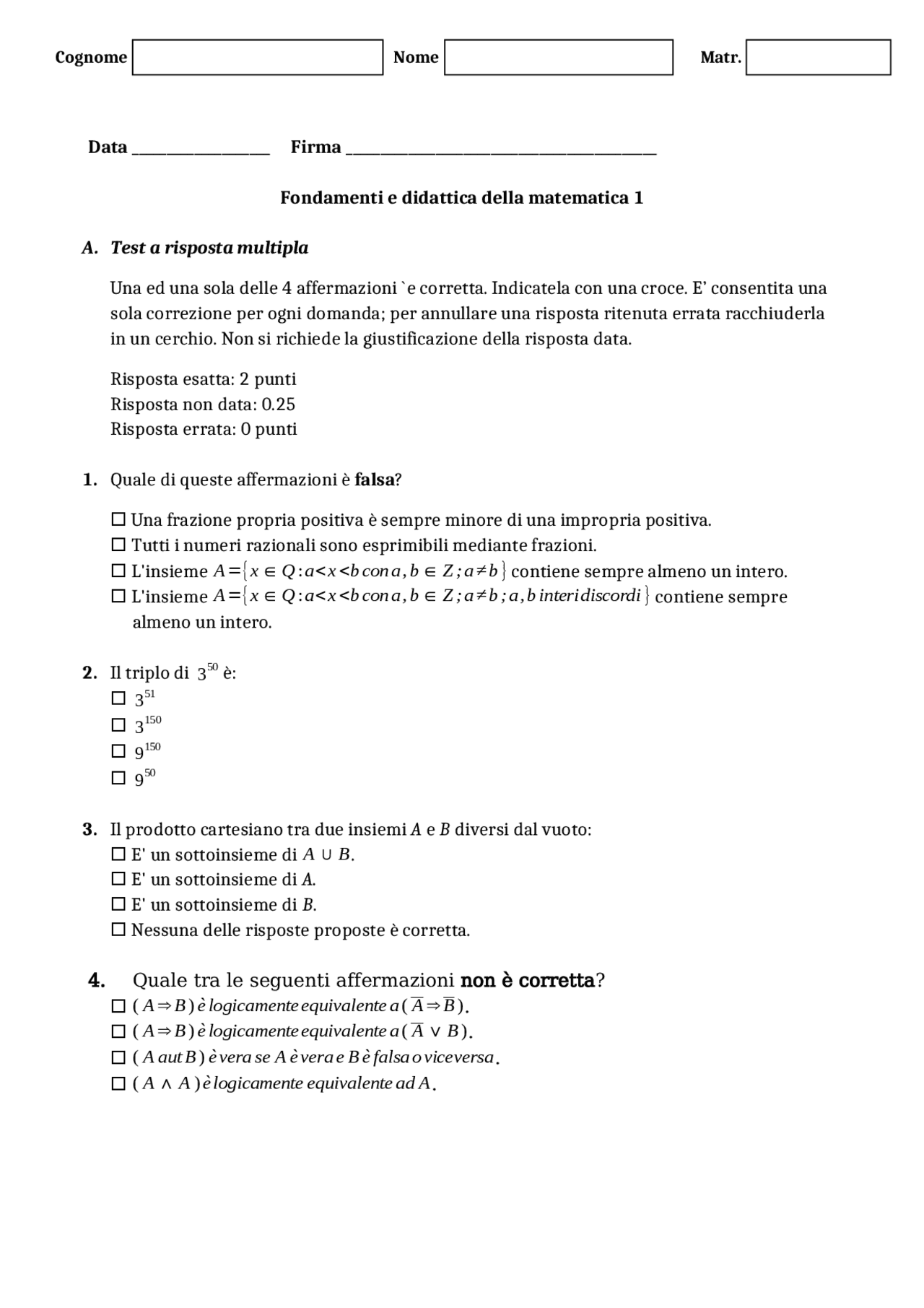 prova d'esame di Matematica 1 SFP | Exámenes de Matemáticas | Docsity