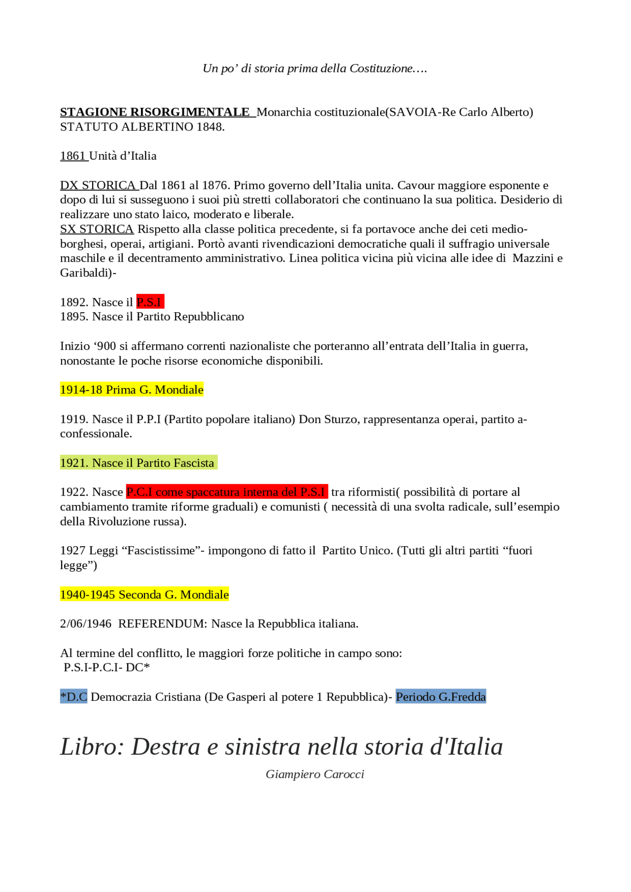 Nascita Dei Partiti Dxsx Schemi E Mappe Concettuali Di Storia Docsity