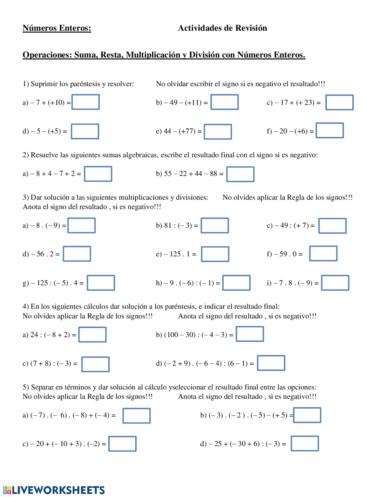 Números enteros repaso | Ejercicios de Matemáticas | Docsity