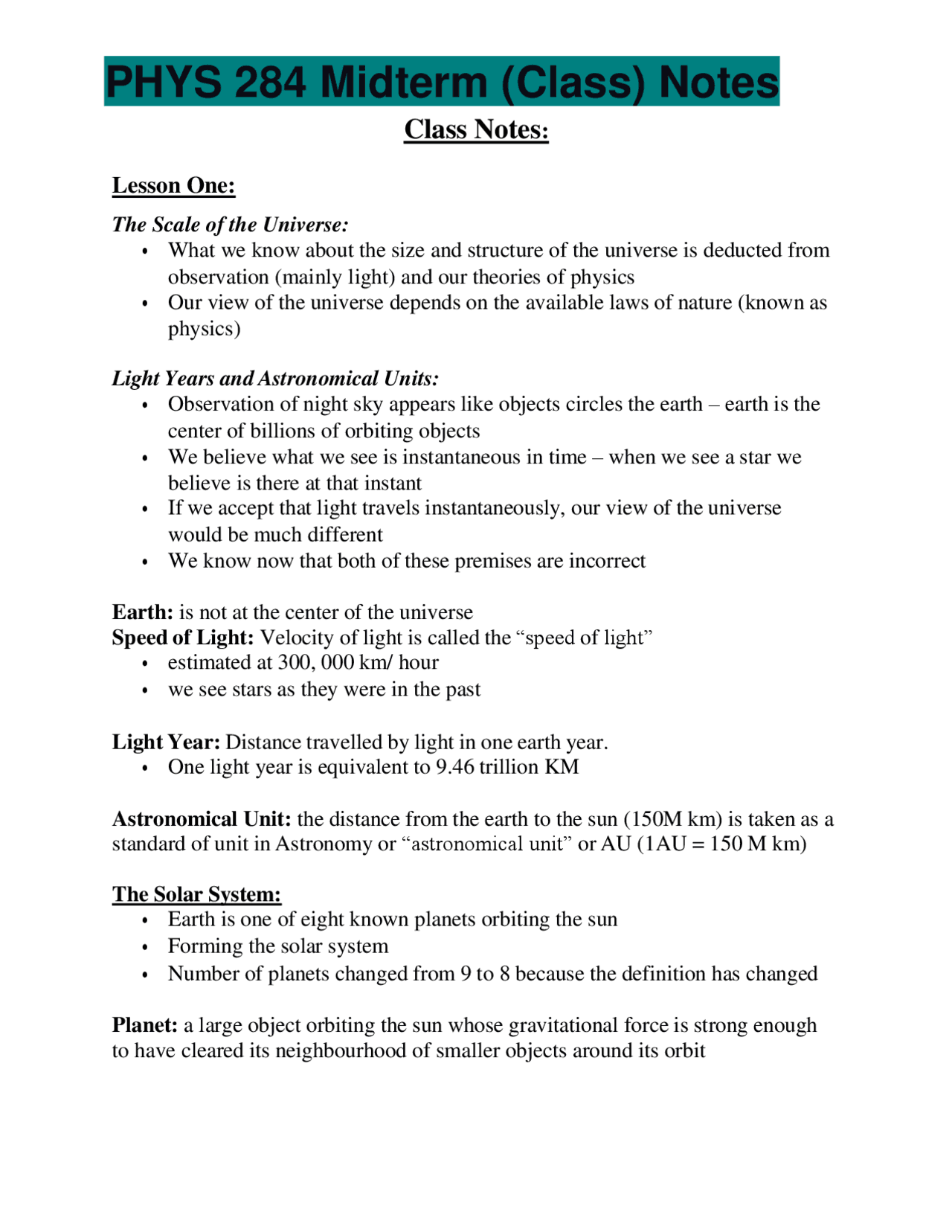 Phys 284 Midterm Class Notes Well Elaborated Updated By Expert