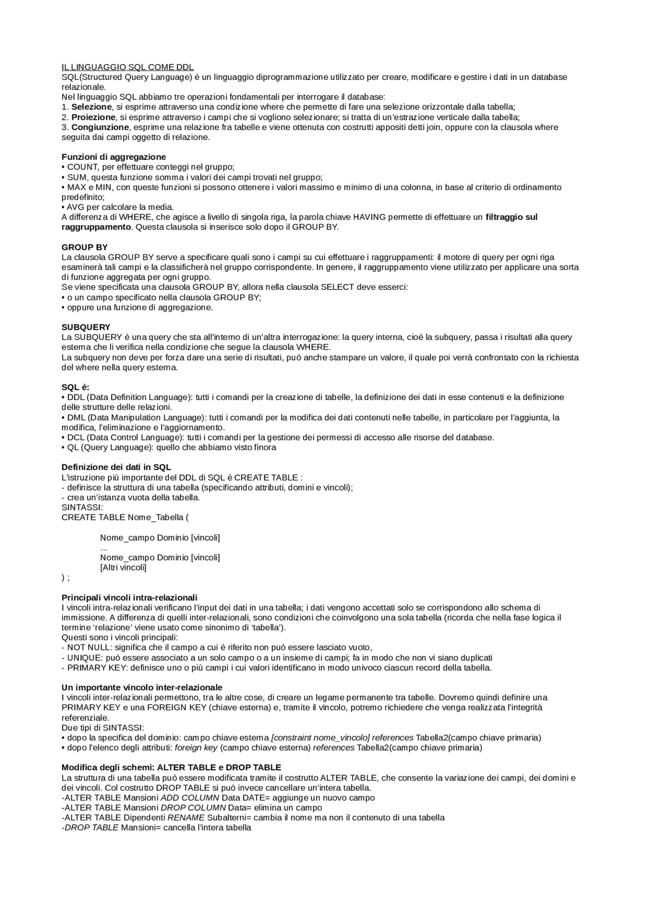 Teoria linguaggio SQL (Query) | Dispense di Informatica | Docsity