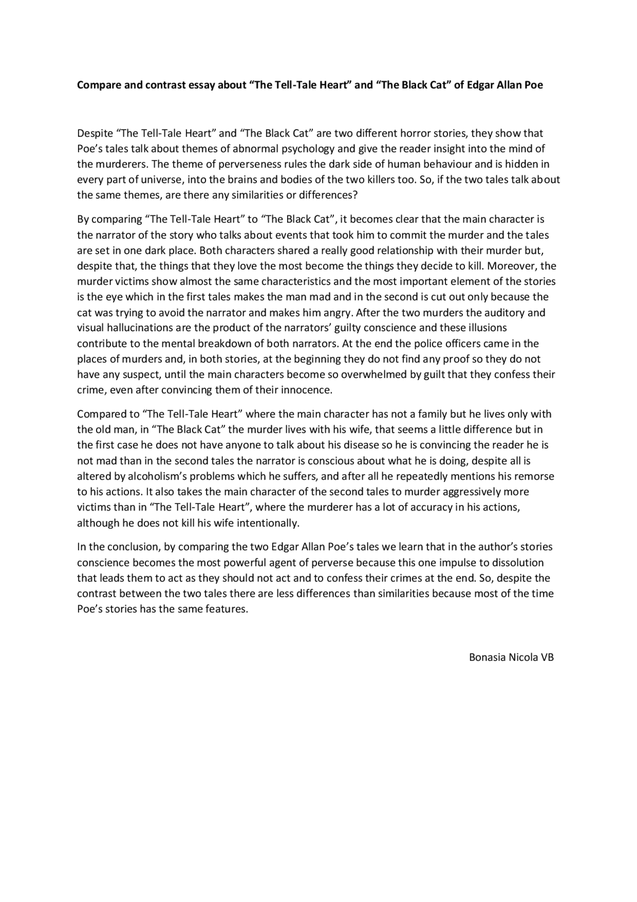 Compare and contrast between "The Tell Tale Heart" and "The Black Cat ...