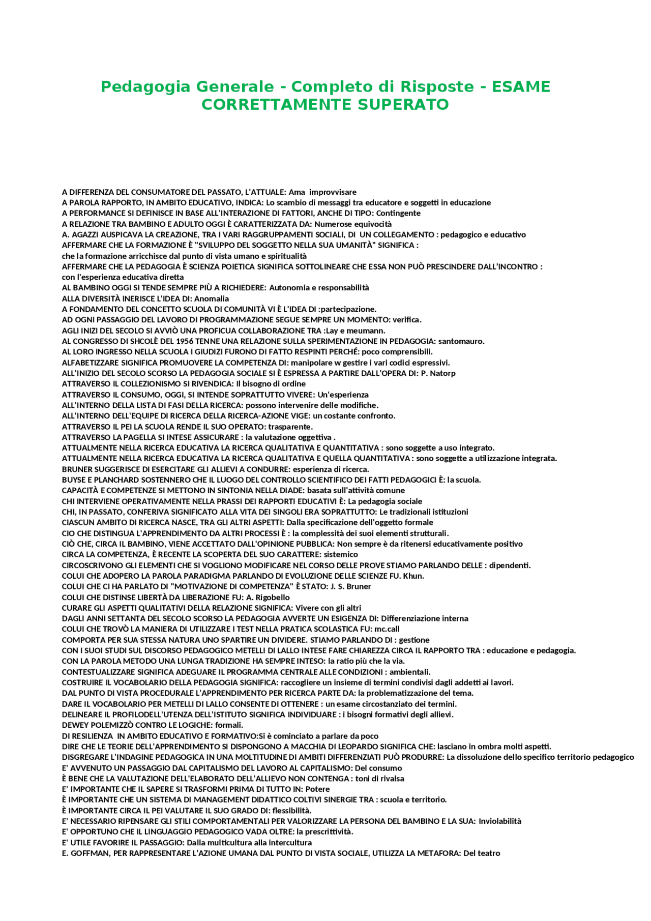 Pedagogia Generale - Completo di Risposte - ESAME CORRETTAMENTE SUPERATO | Panieri di Pedagogia ...