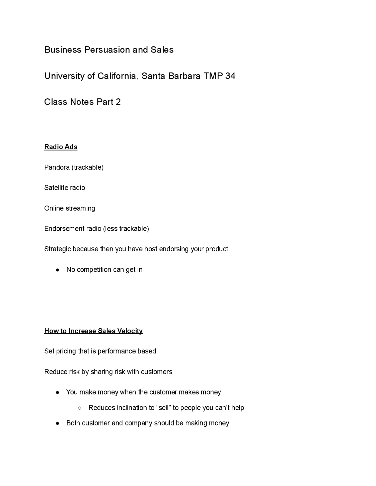 UCSB TMP 34 Business Persuasion and Sales: Part 2 Class Notes | Lecture ...