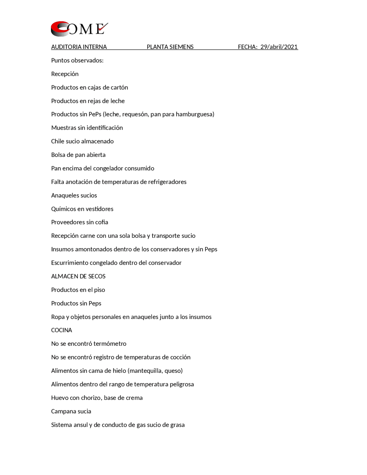 Auditoría interna para cafetería industrial | Ejercicios de Nutrición ...