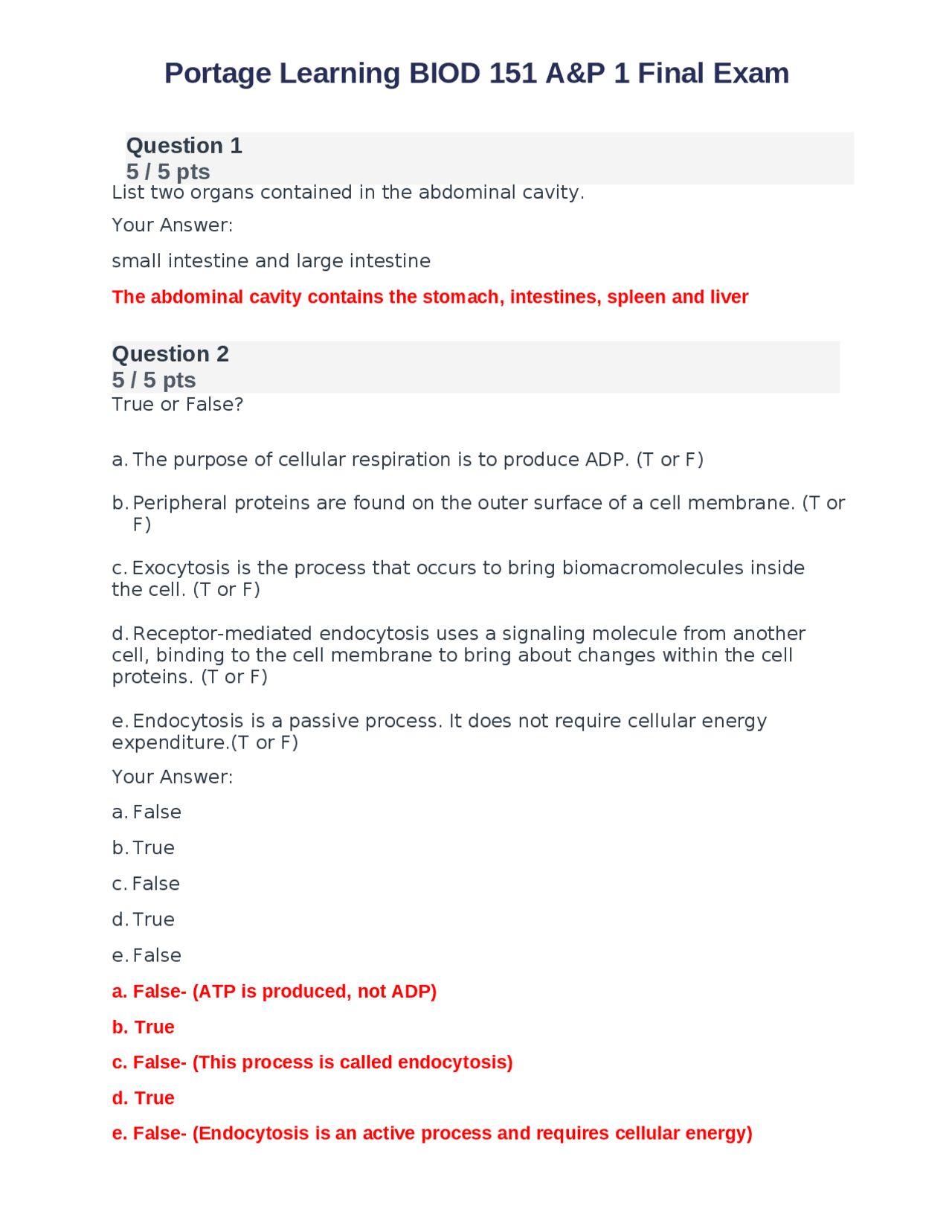 Portage Learning BIOD 151 A&P 1 Final Exam Updated Graded A | Exams ...