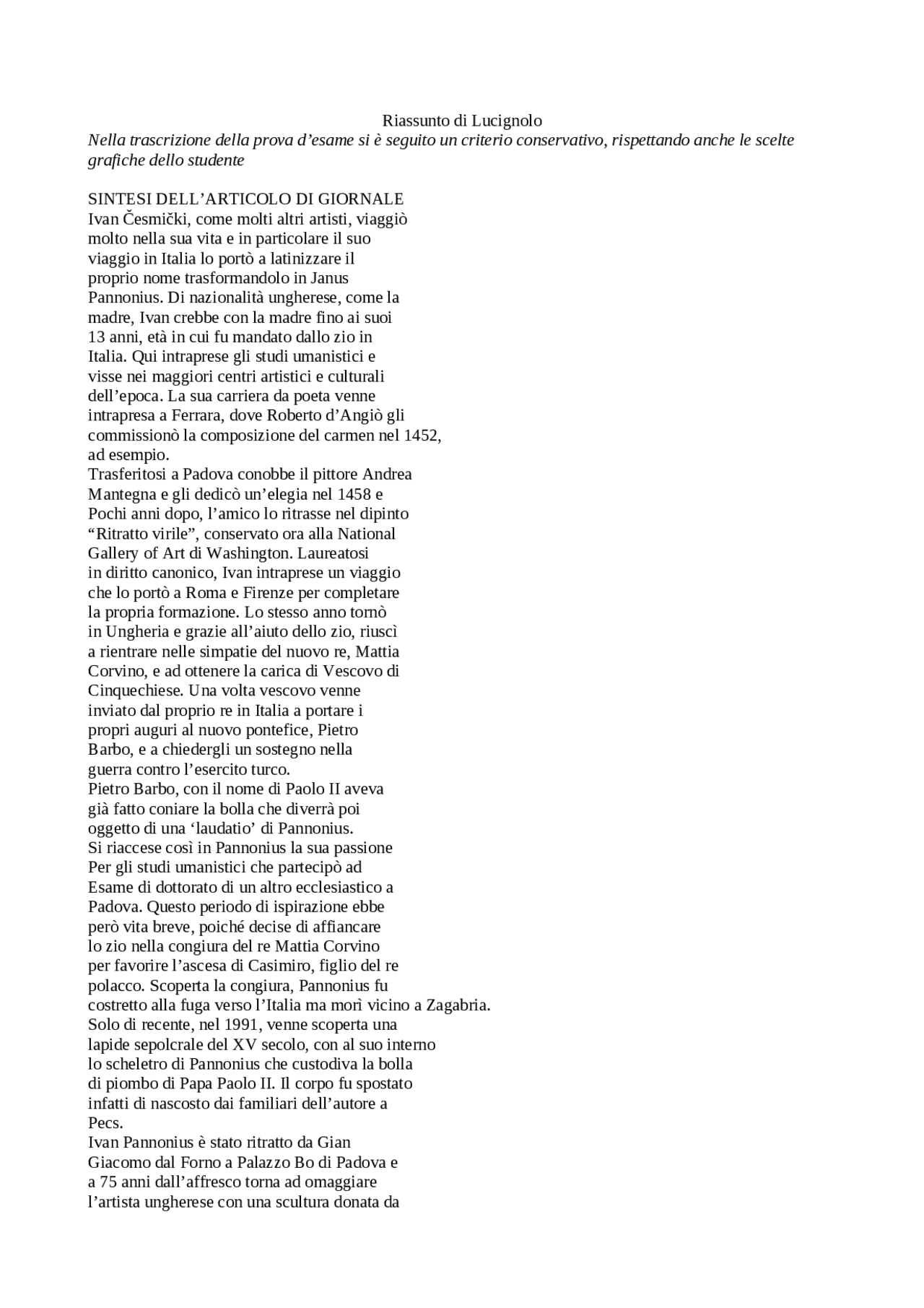 Riassunto Esercizio Per Esame Appunti Di Lingua Italiana Docsity