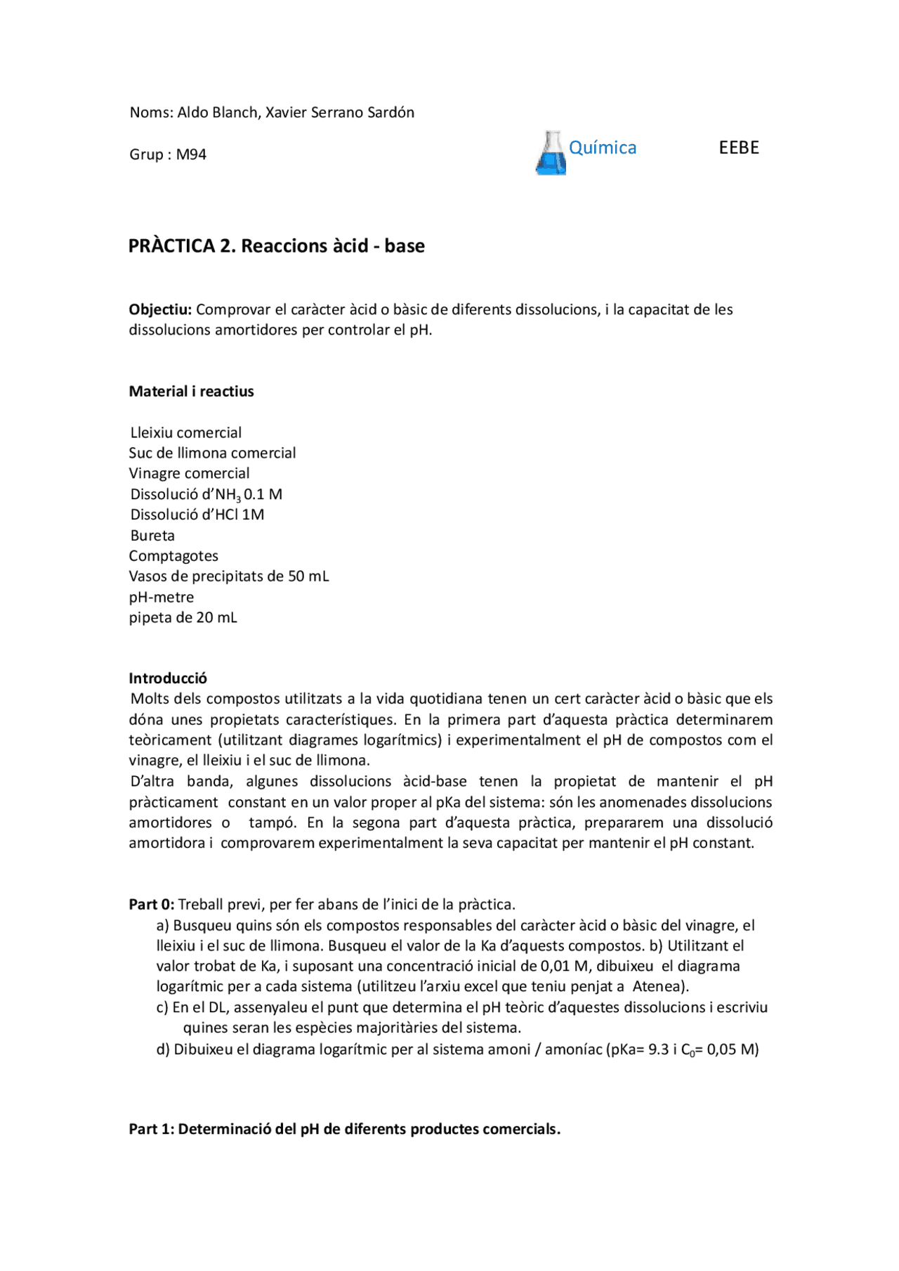 Practica 2 Quimica EEBE | Ejercicios de Química | Docsity