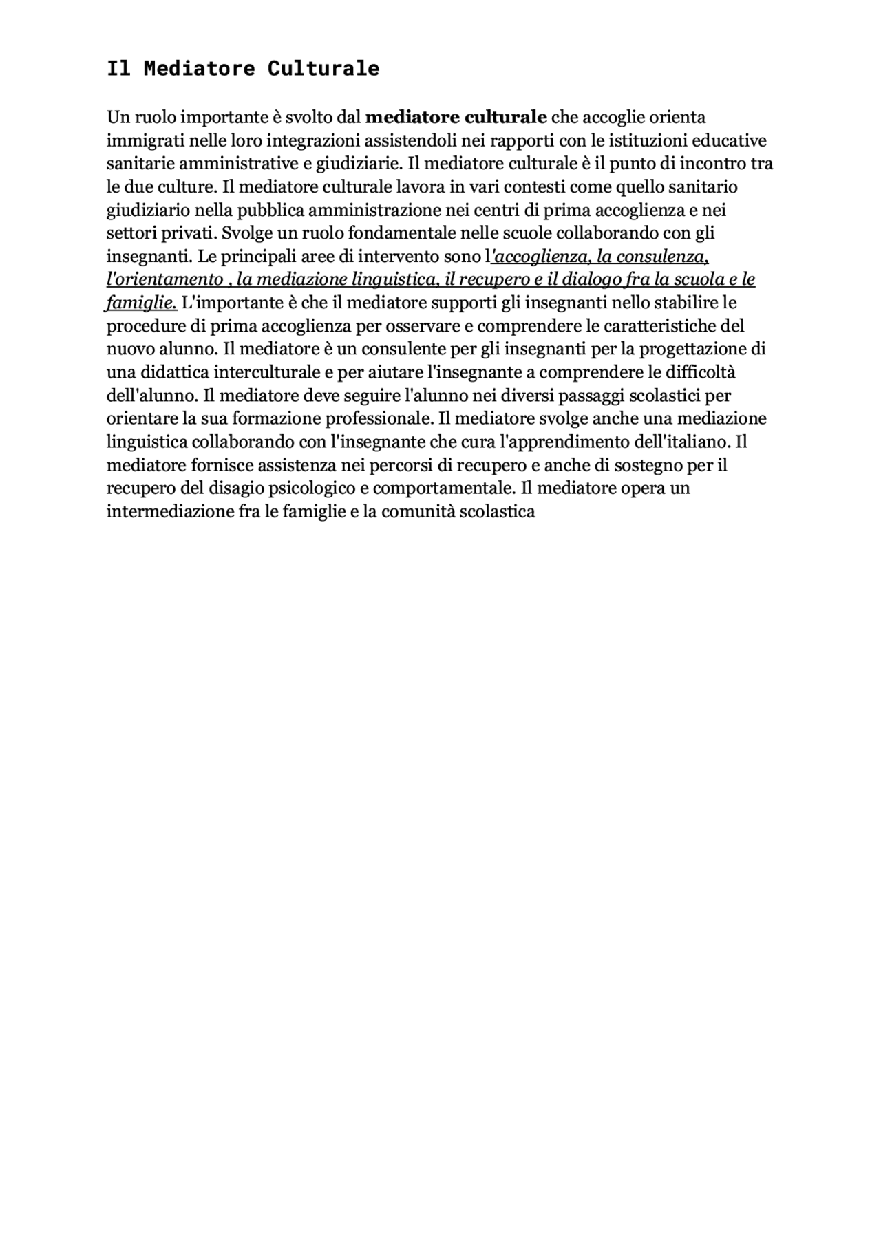 IL MEDIATORE CULTRALE | Schemi e mappe concettuali di Psicologia | Docsity