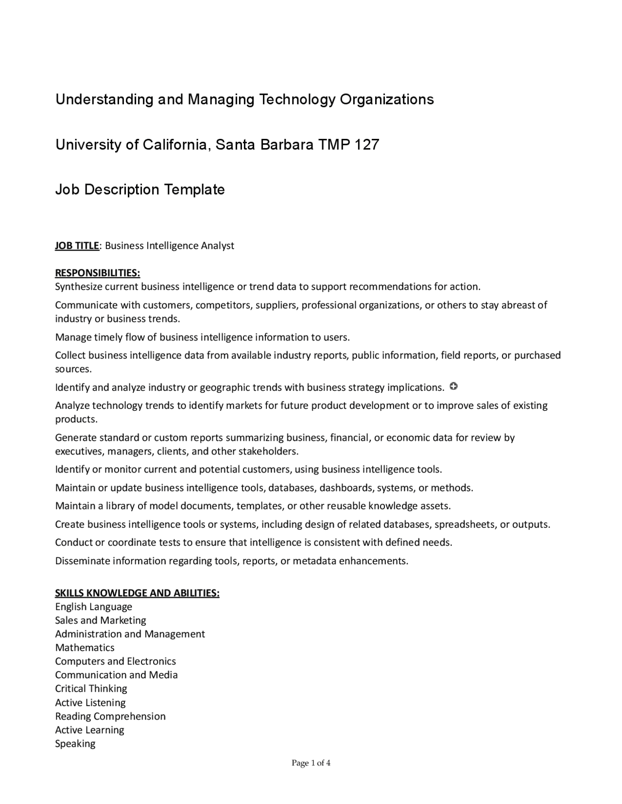 UCSB TMP 127 Understanding and Managing Technology Organizations: Job ...