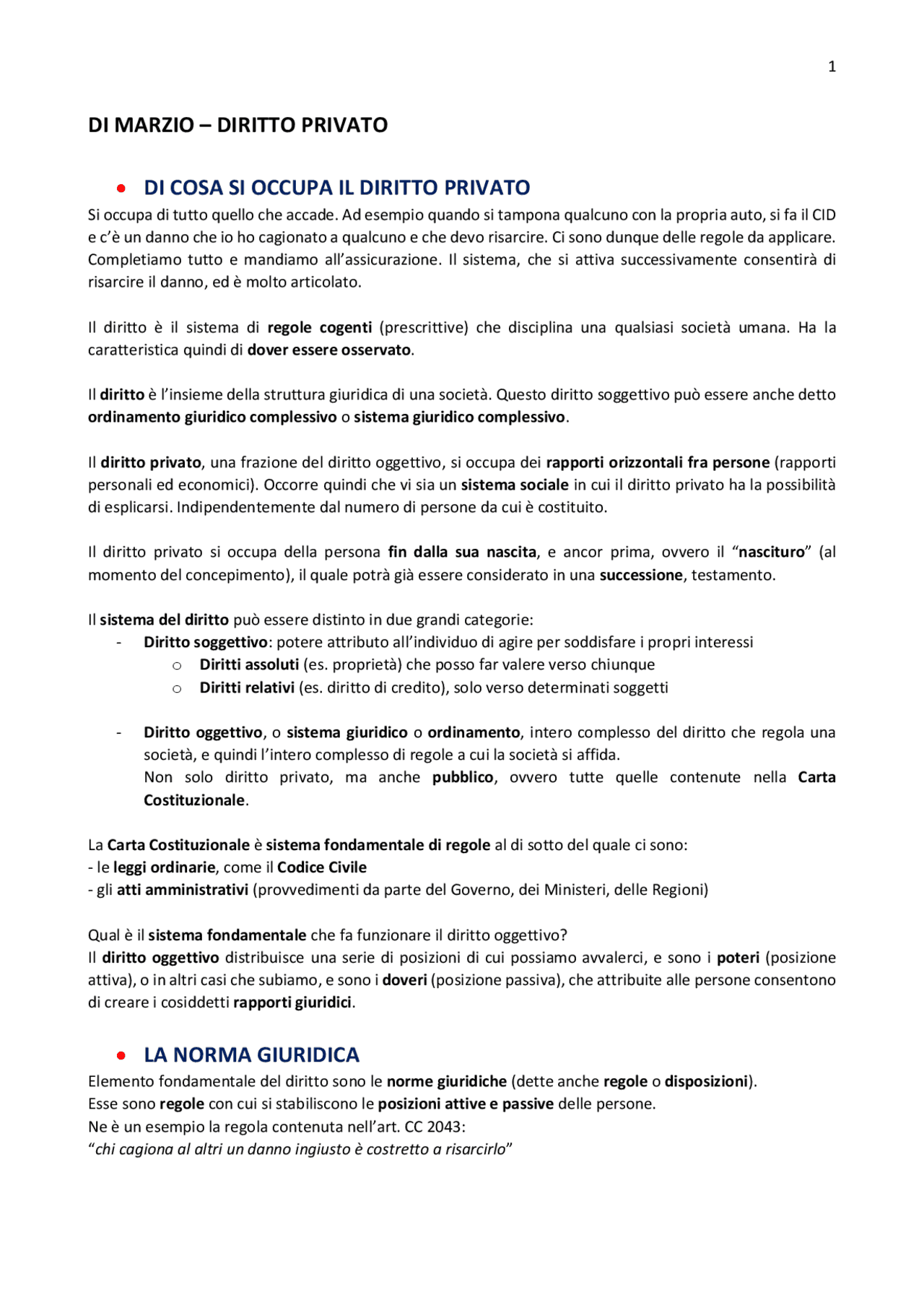 Diritto Privato - Prof di Marzio - Programma completo | Appunti di Diritto Privato | Docsity