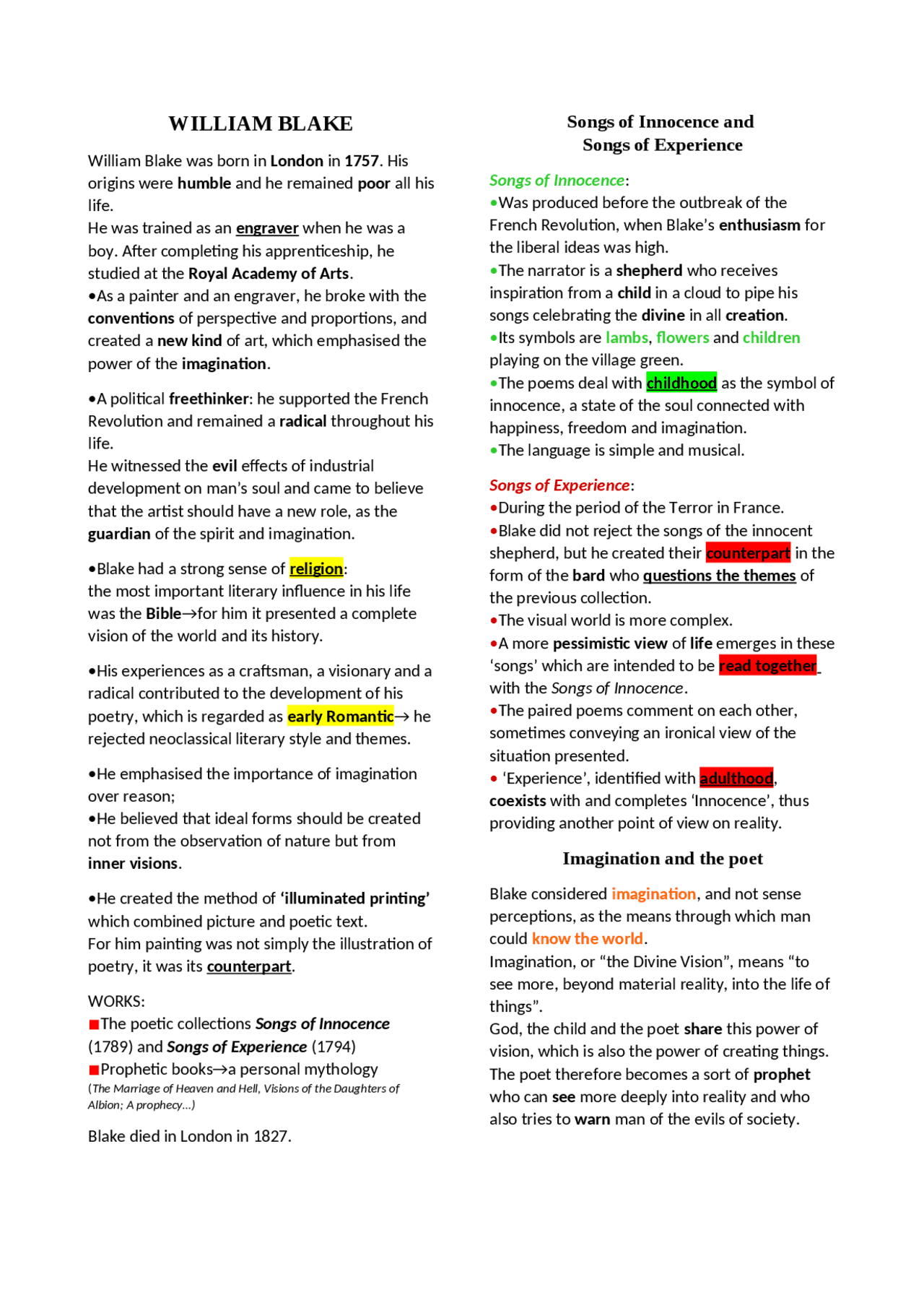 William Blake Life Ideals Style Dispense Di Inglese Docsity