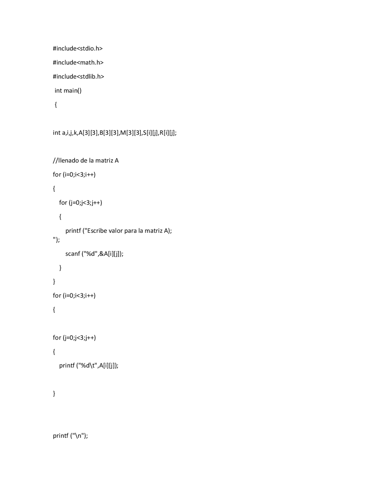 PROGRAMA PARA SUMAR RESTAR Y MULTIPLICAR MATRICES | Ejercicios de Programación C | Docsity